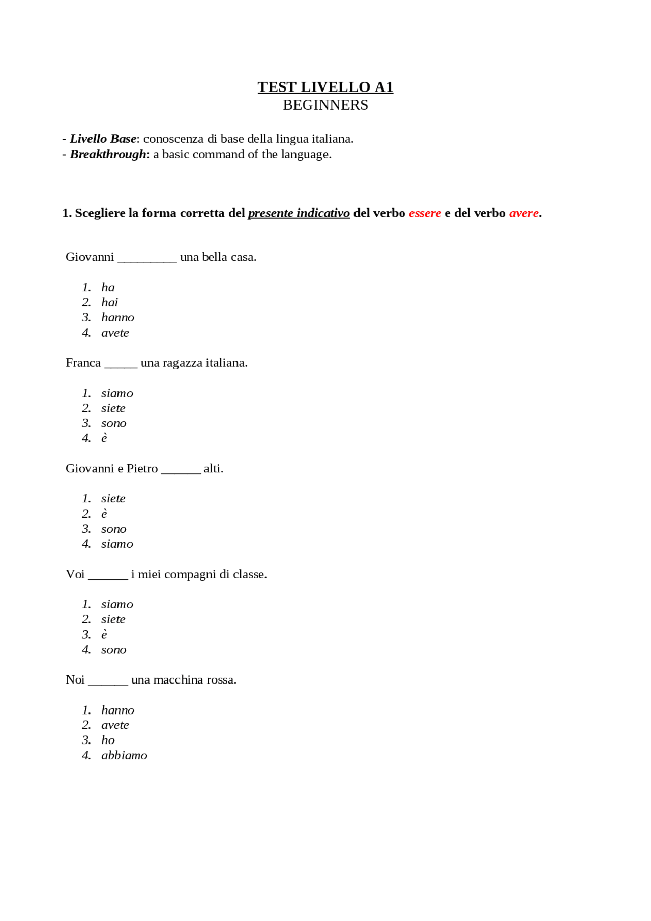 Academya-Lingue-TEST-LIVELLO-A1 - Docsity