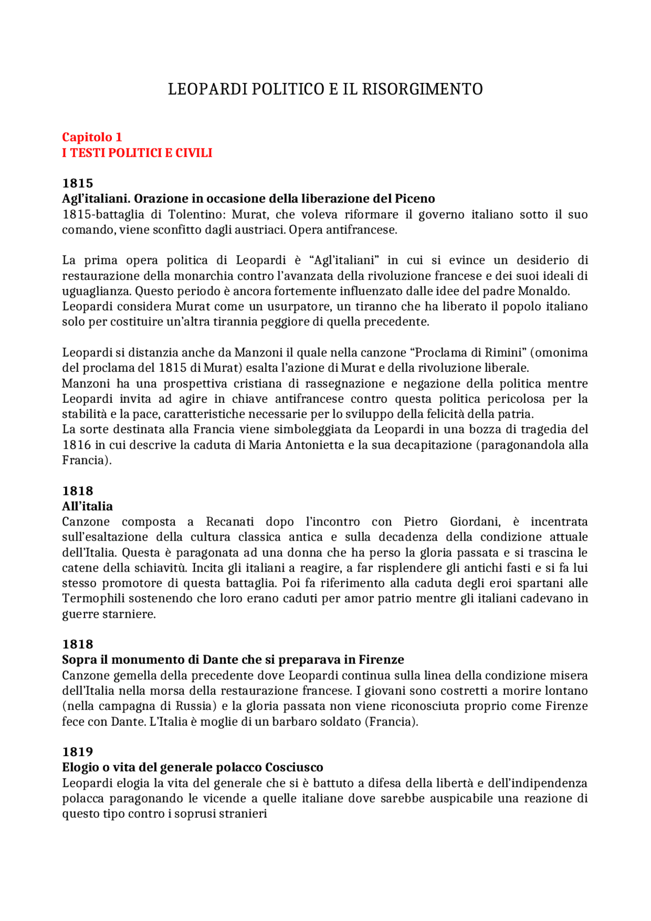 Leopardi politico e il risorgimento | Appunti di Sociologia | Docsity