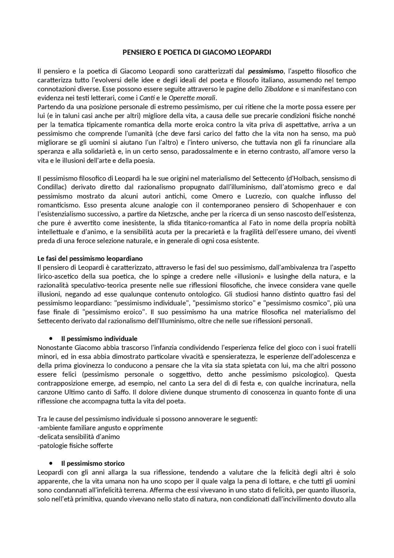 Pensiero e poetica di Giacomo Leopardi - Docsity