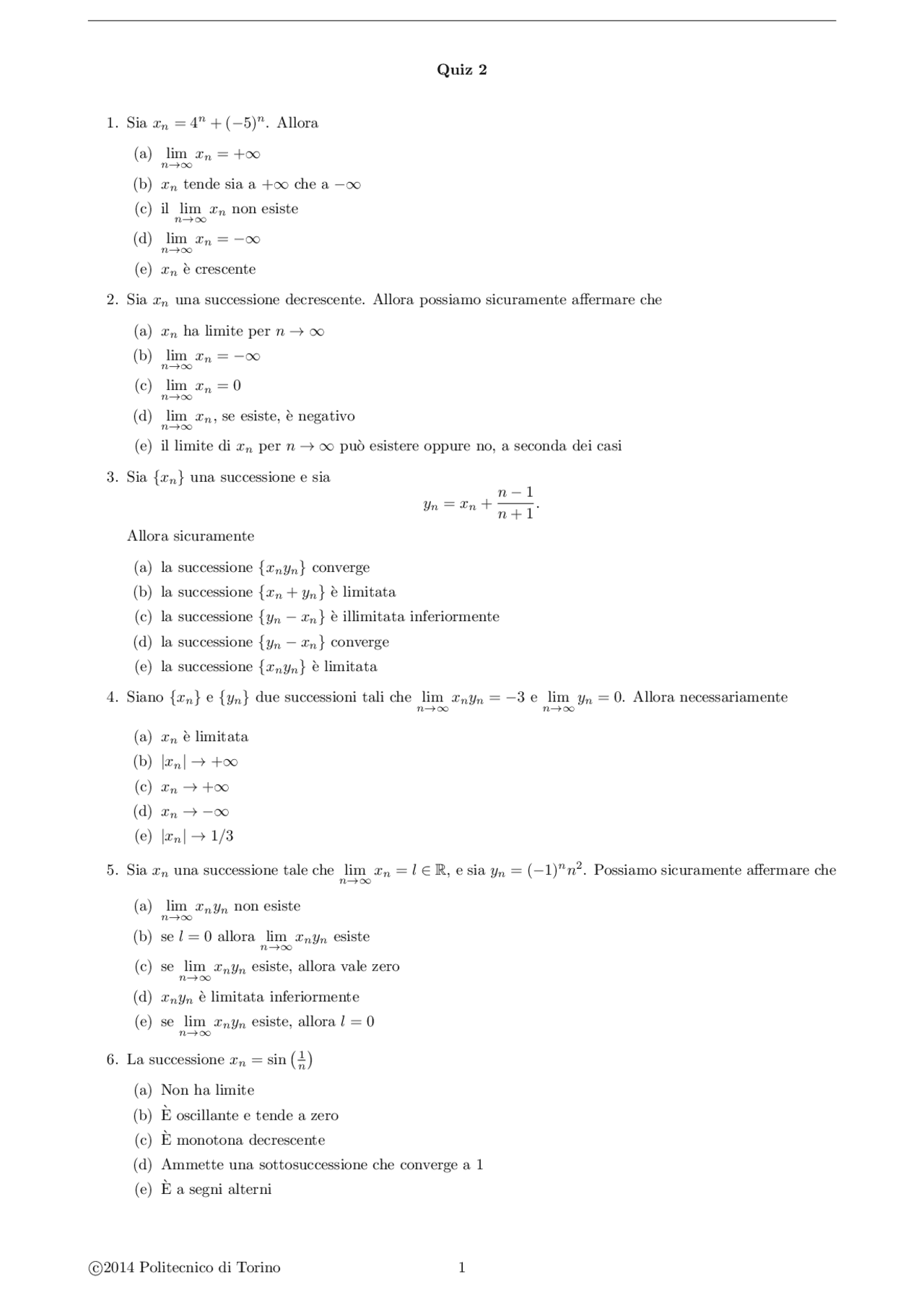 Quiz Esame Analisi I Docsity