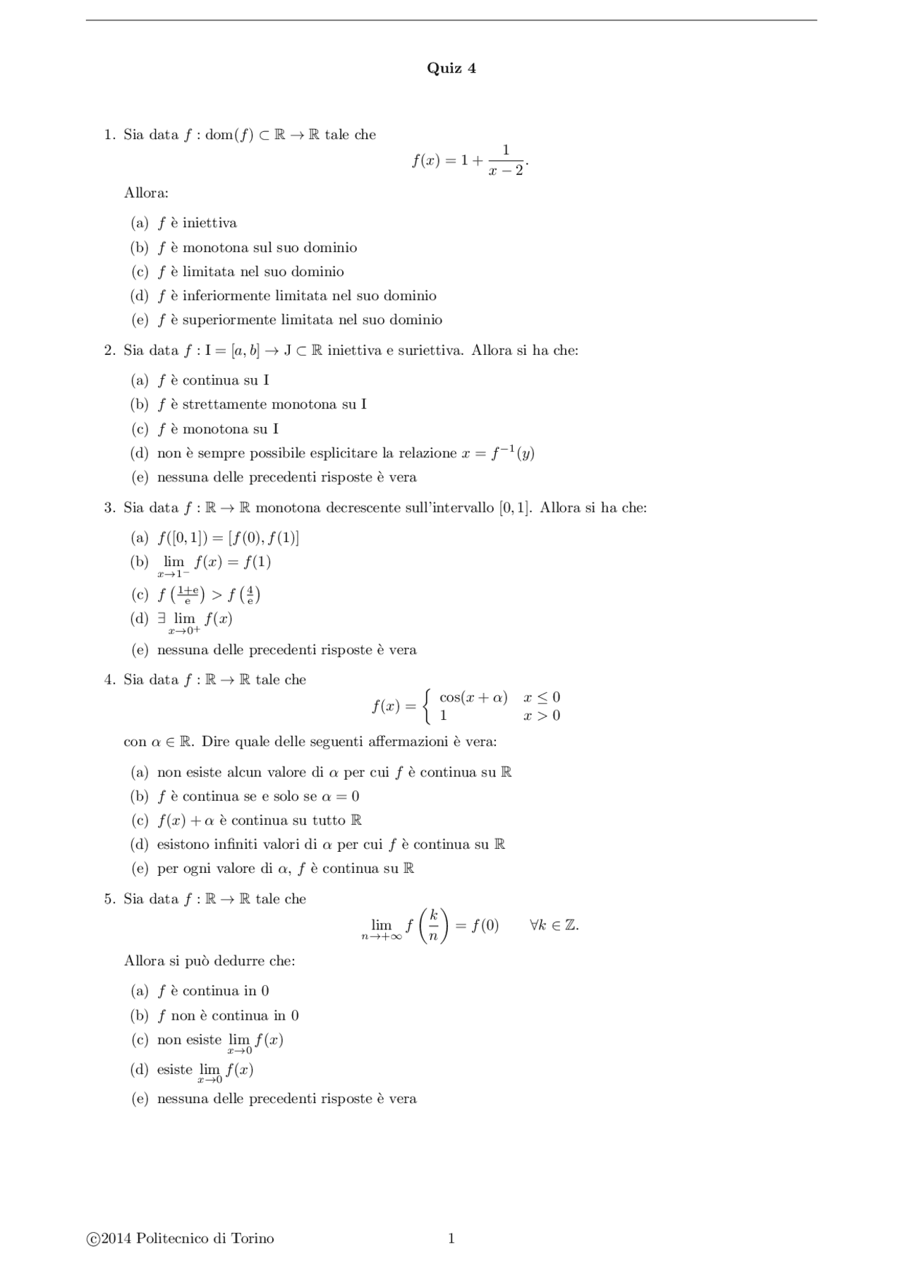 Quiz Esame Analisi I Docsity