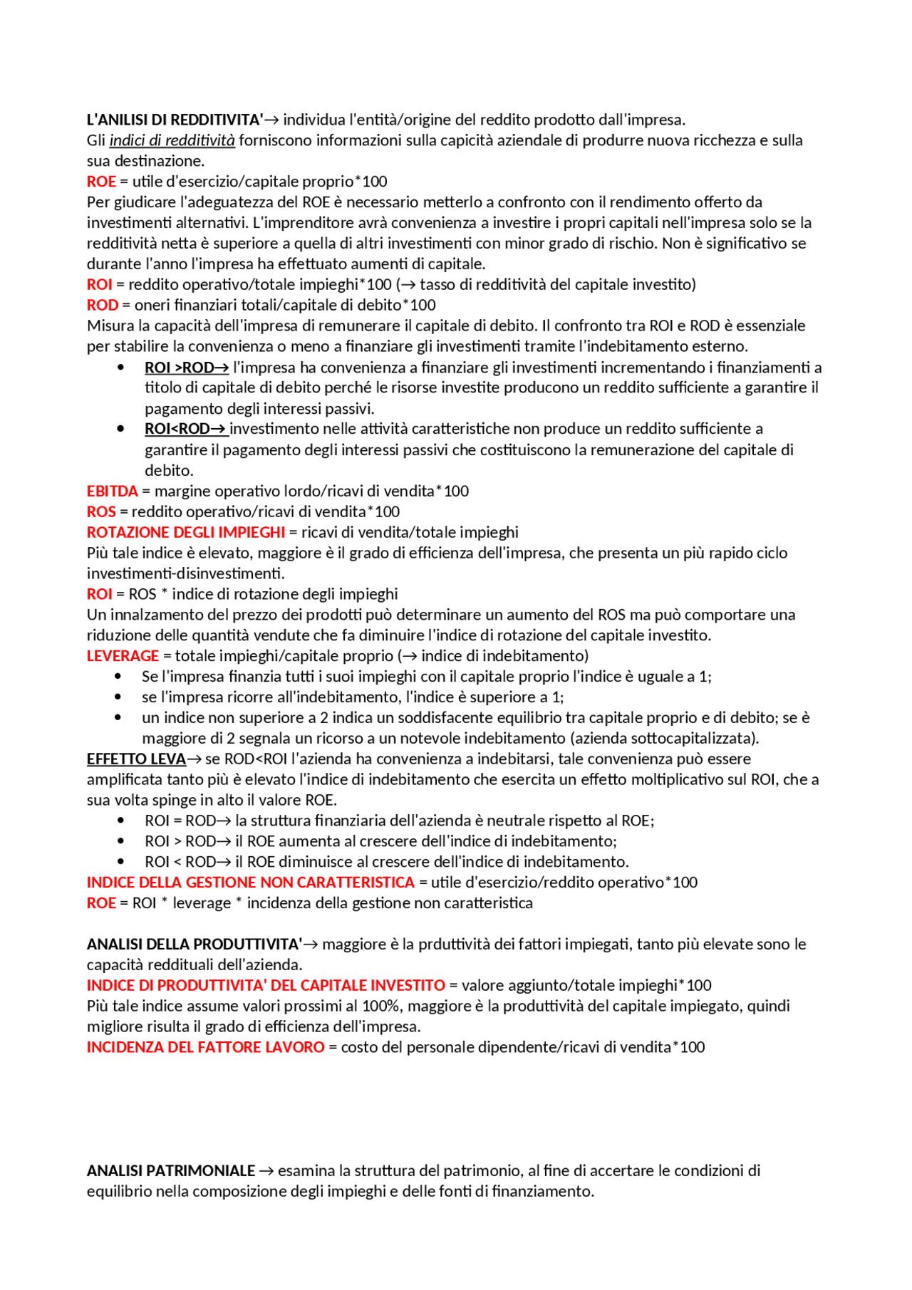 Indici Di Bilancio Quinto Anno Docsity