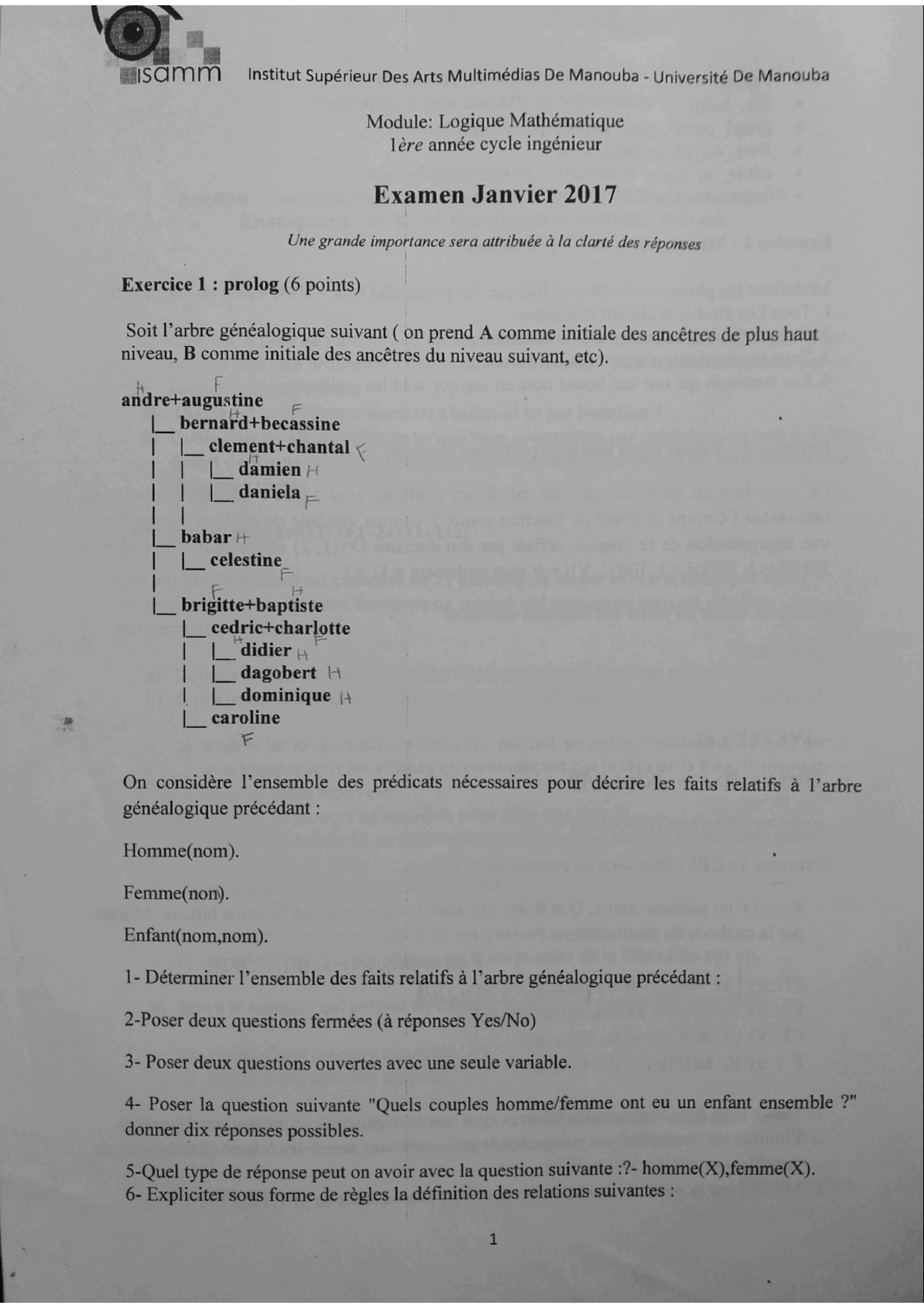 Examen Logique Math 2017 | Exams Mathematical logic | Docsity