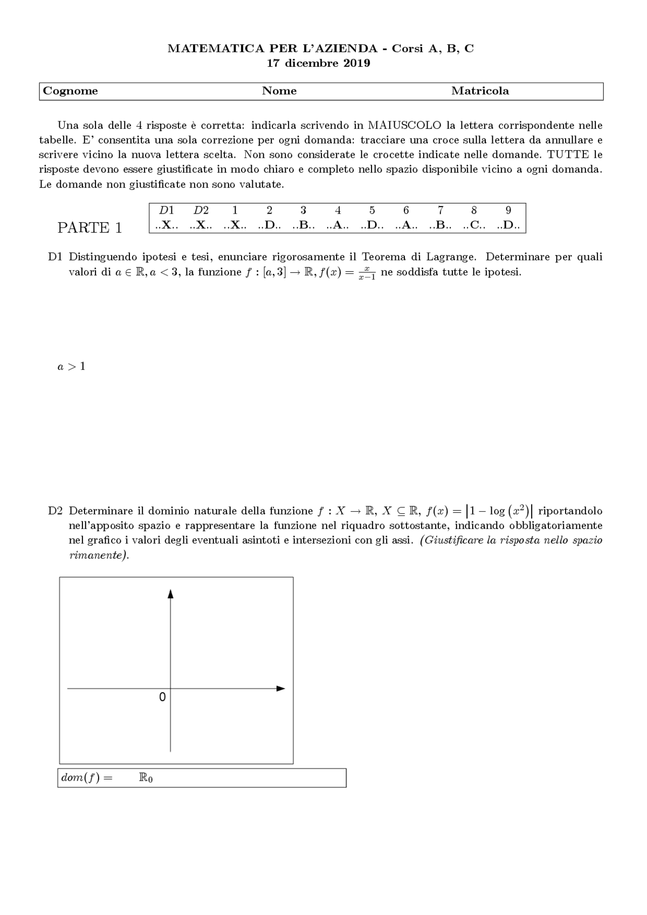 prova d’esame matematica generale | Exámenes de Matemáticas | Docsity