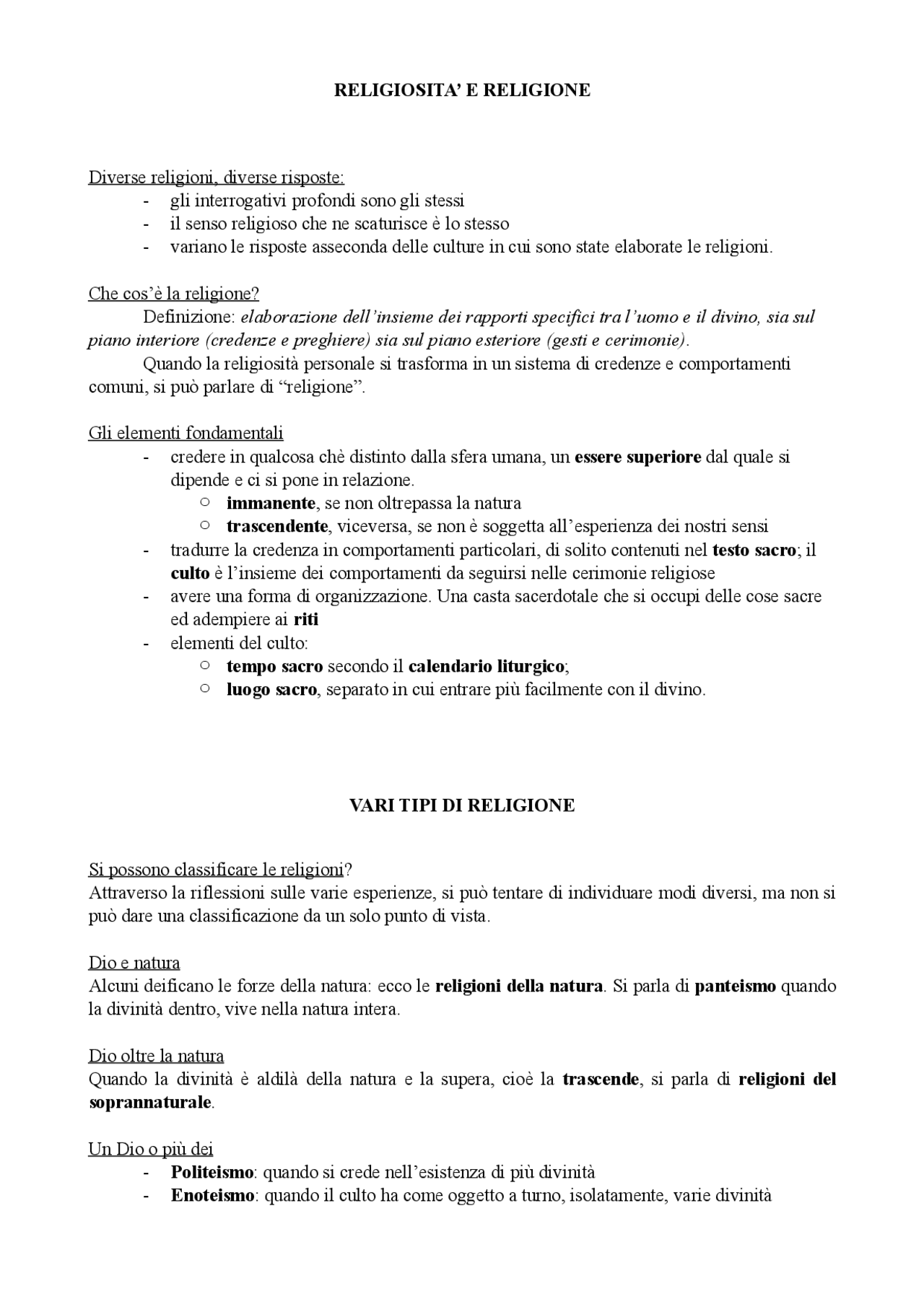 Religiosità e Religione, vari tipi di religioni - Docsity