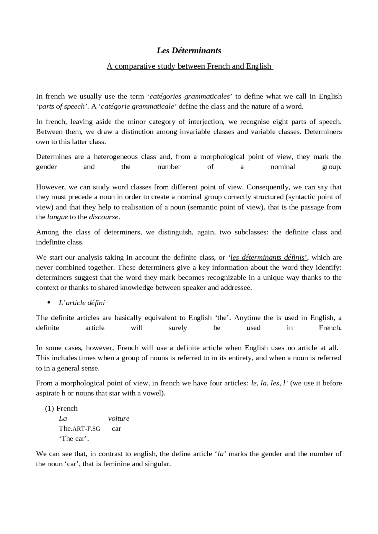 French Determiners, a comparative study between French and English ...