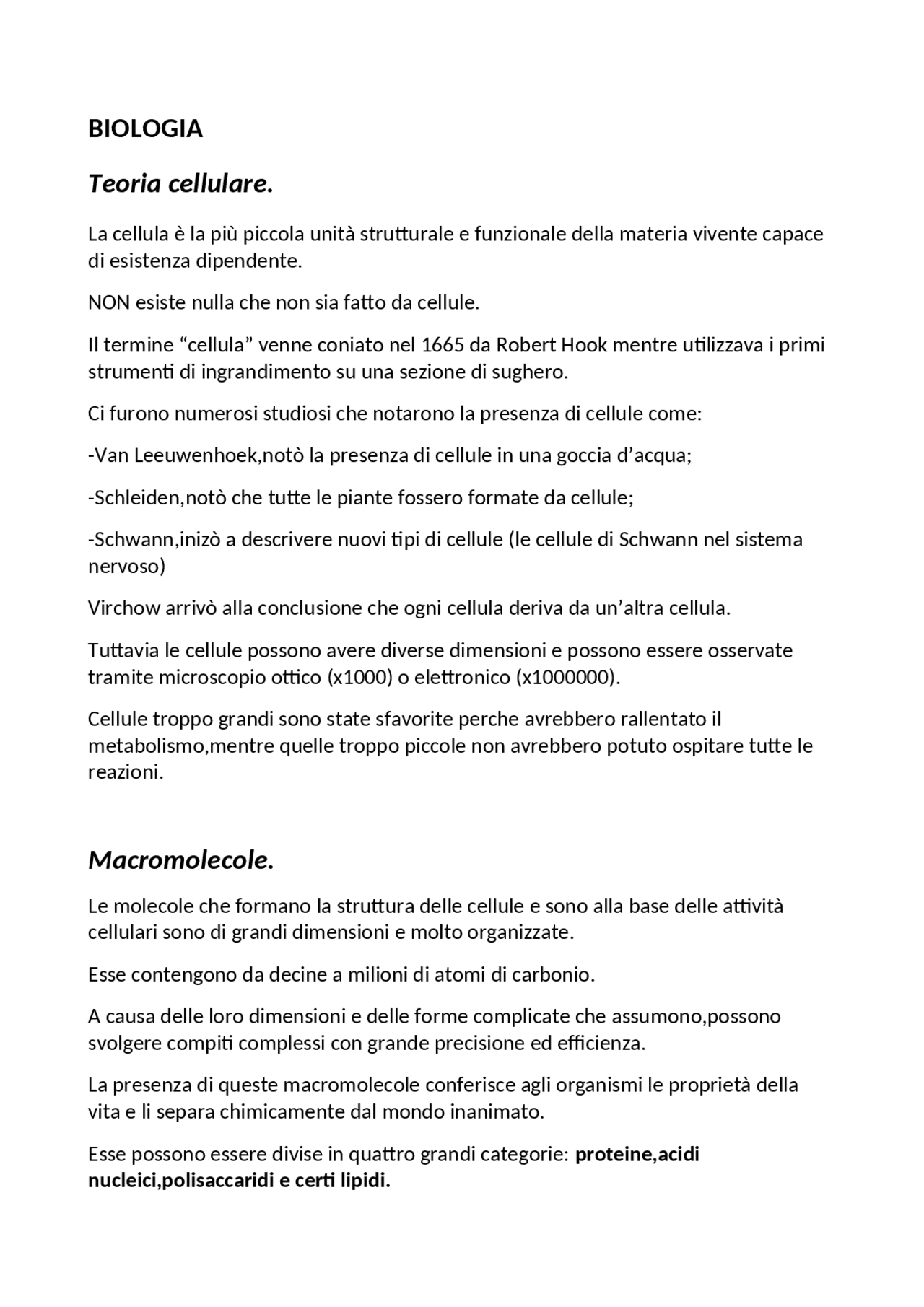 Teoria cellulare e macromolecole - Docsity