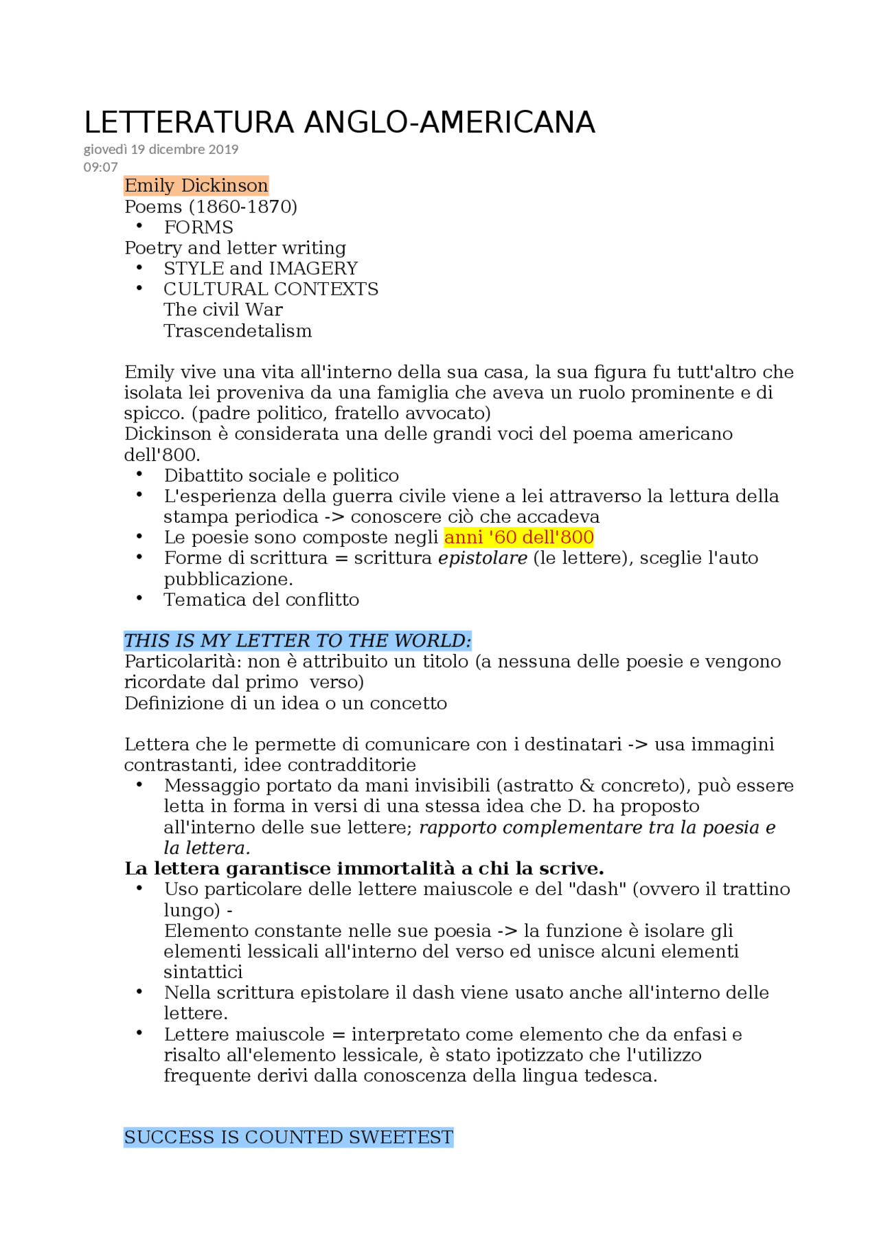 Emily Dickison Analisi Poesie Docsity