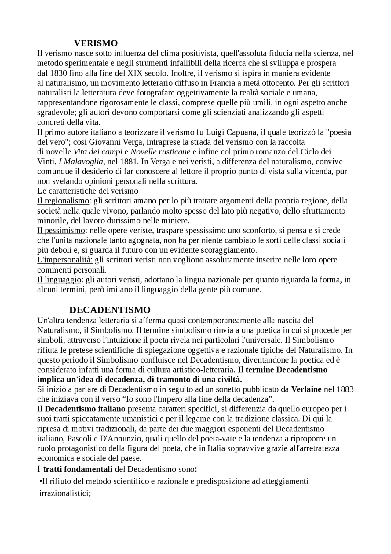 Verismo e decadentismo a confronto | Appunti di Letteratura Italiana | Docsity