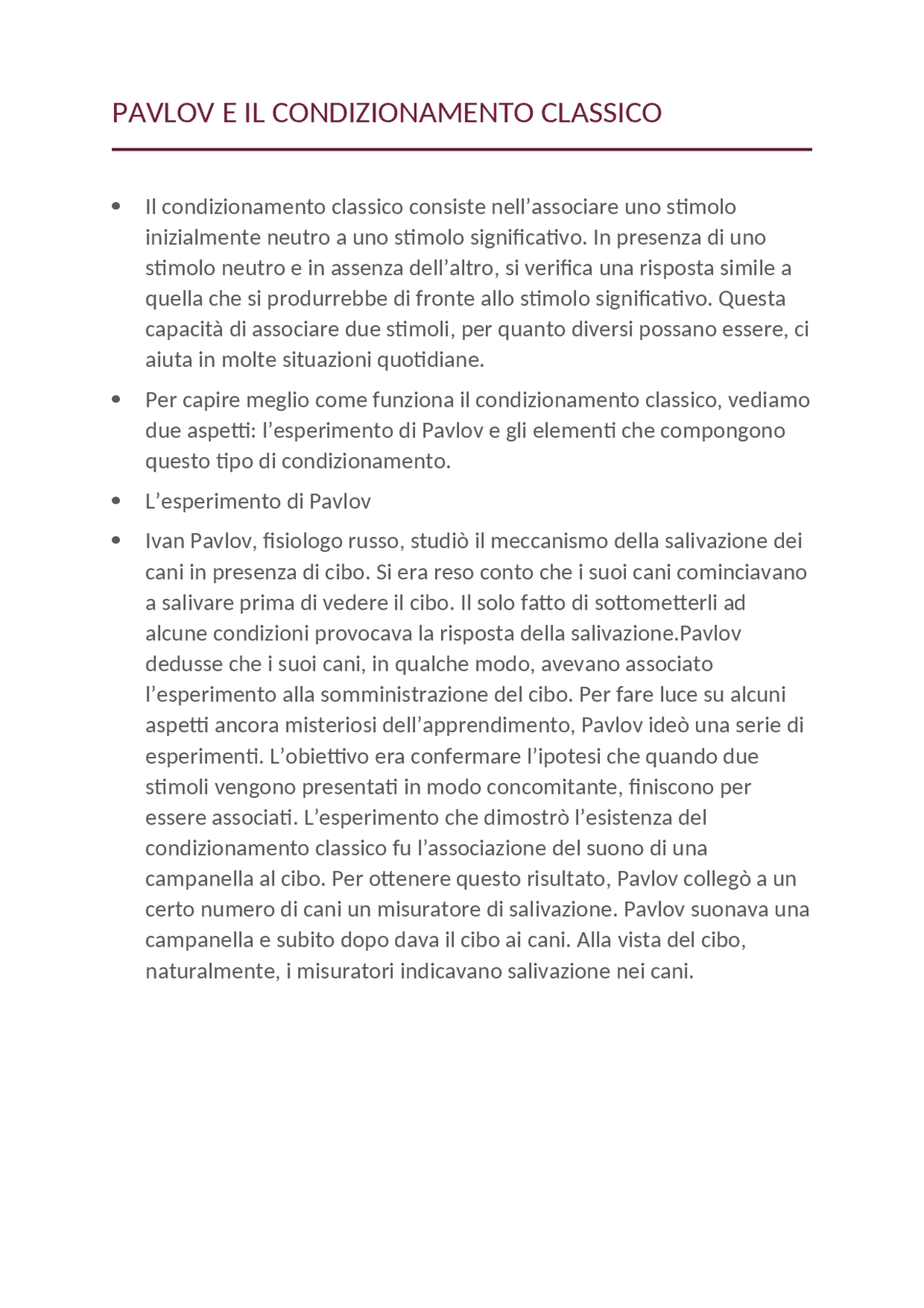 Pavlov E Il Condizionamento Classico Docsity
