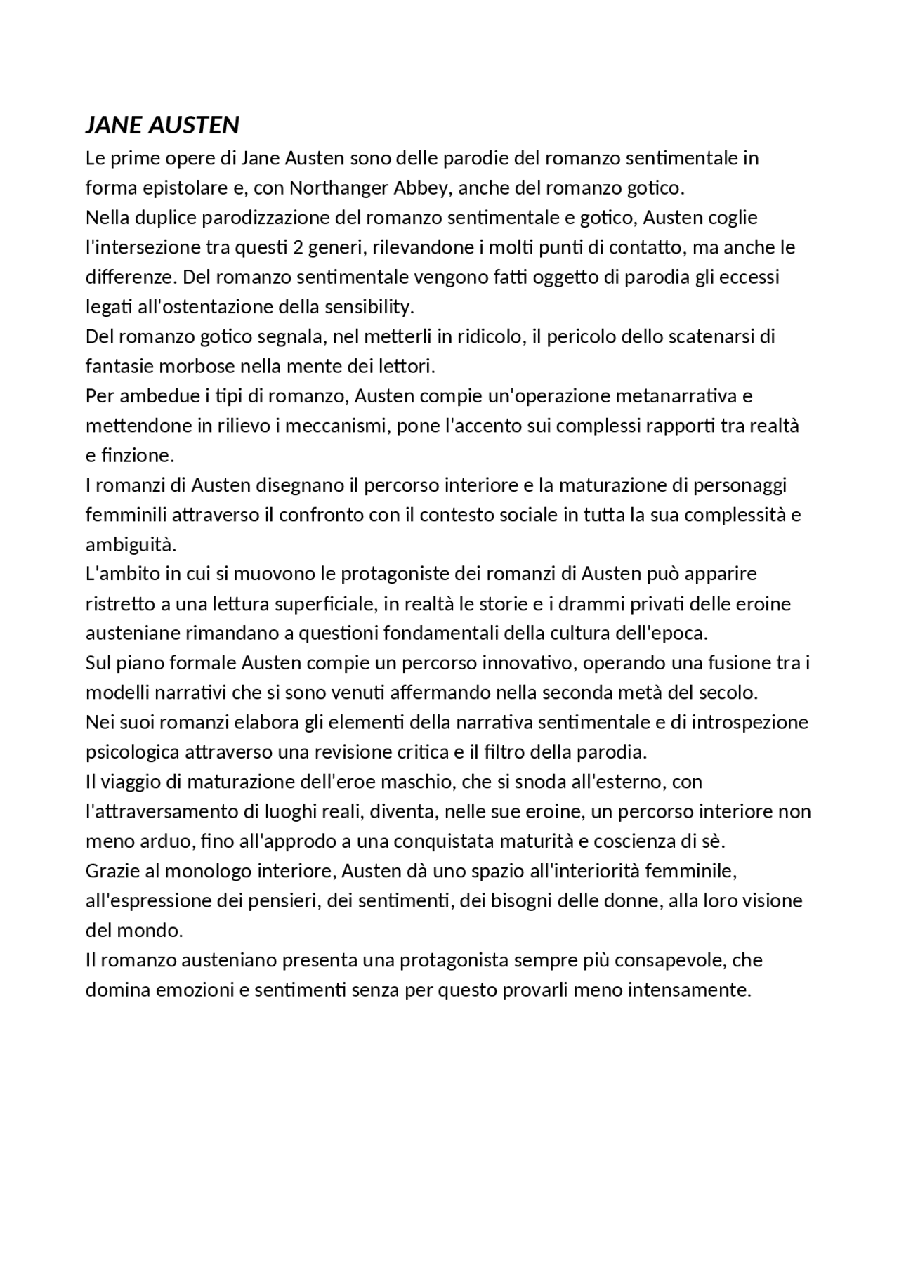 Jane Austen Riassunto Bertinetti Docsity