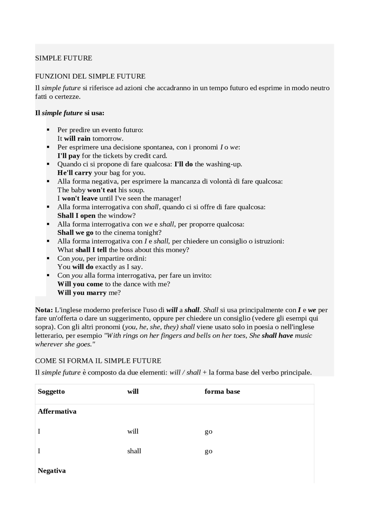 SIMPLE FUTURE - spiegazione in italiano - Docsity