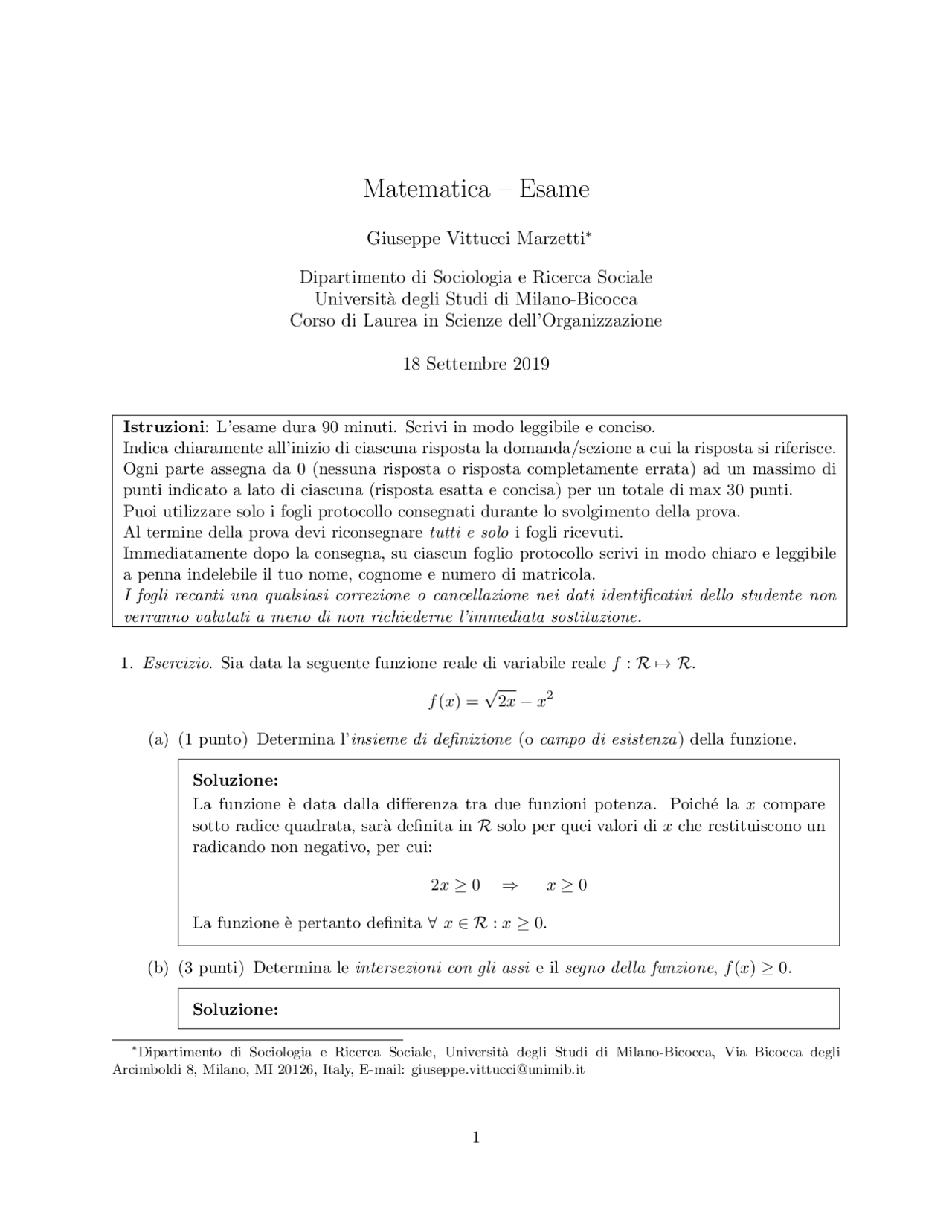 Simulazione Esame Matematica Docsity