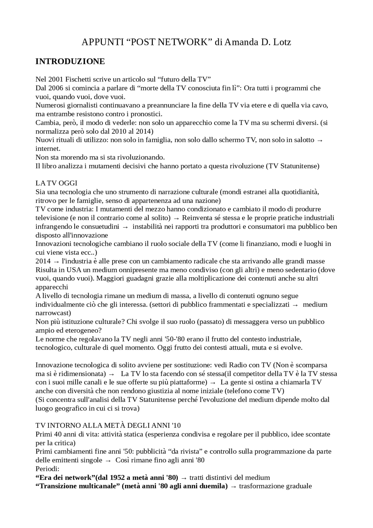 "Post network: la rivoluzione della TV" di Amanda Lotz - Docsity