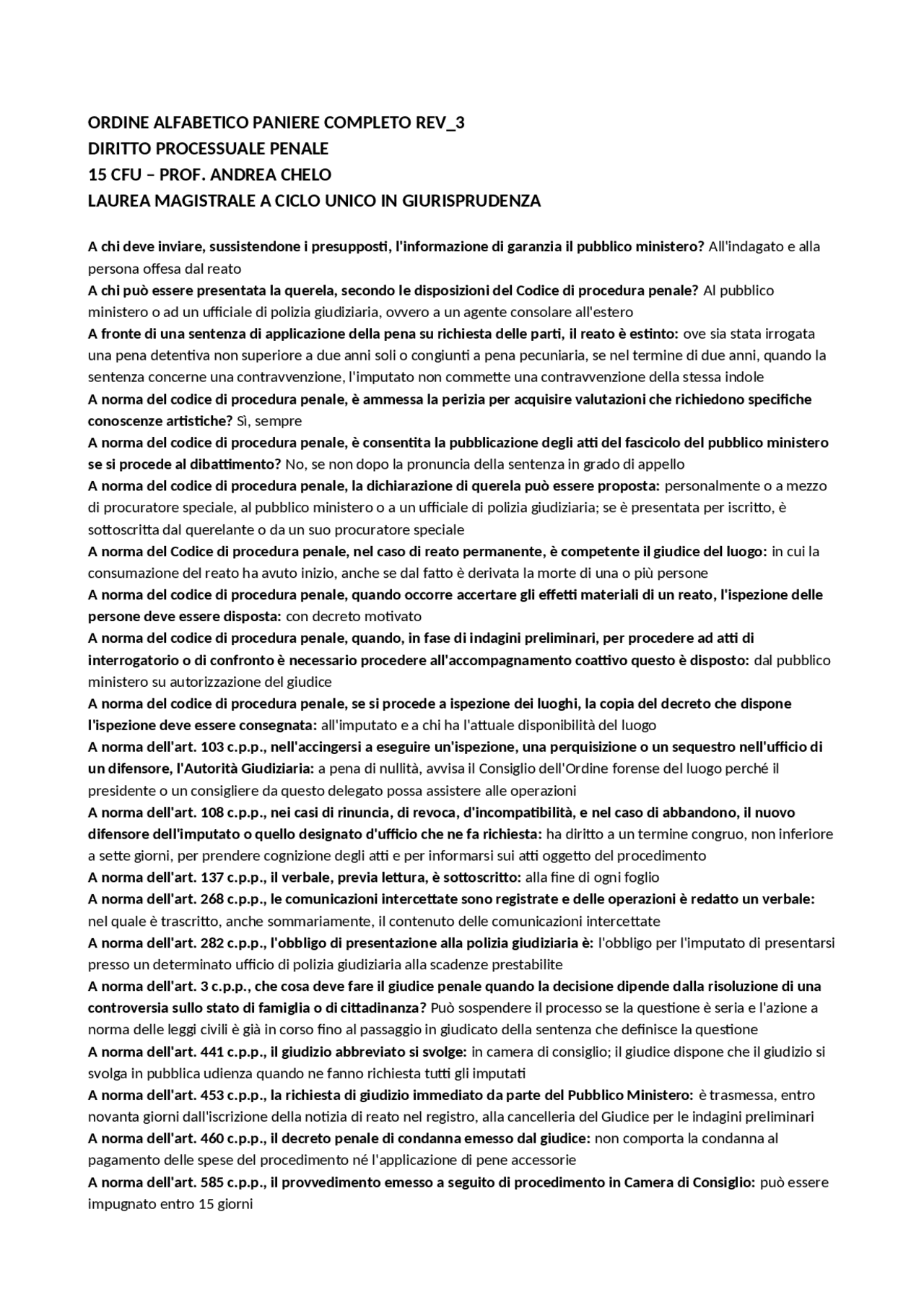 Paniere Rev 3 Domande Chiuse Ordine Alfabetico Diritto Processuale