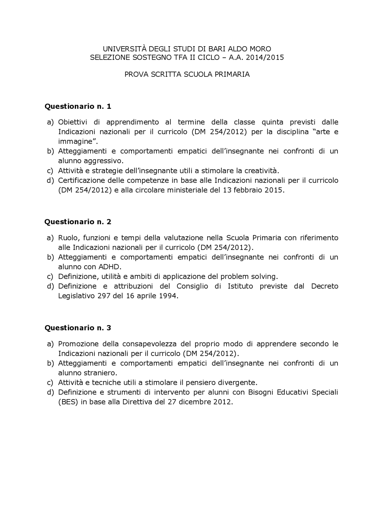 Prova Scritta Tfa Per Scuola Primaria 2015 Bari Docsity