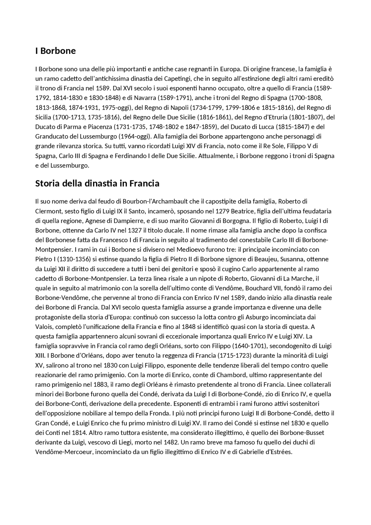 Storia dei Borboni, il suo significato e la sua dinastia. - Docsity