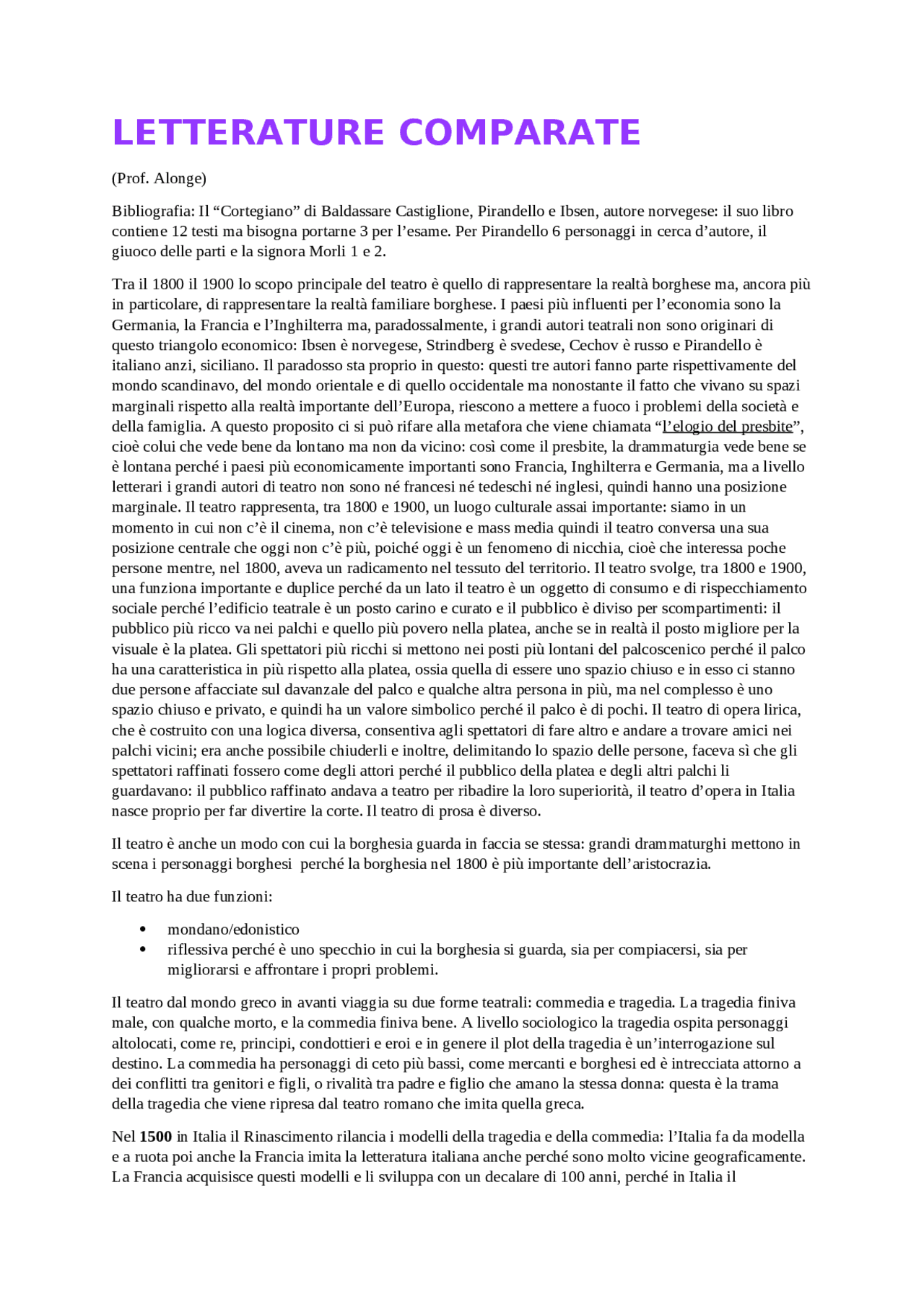 Appunti Letterature Comparate (prof. Roberto Luciano Alonge) - Docsity