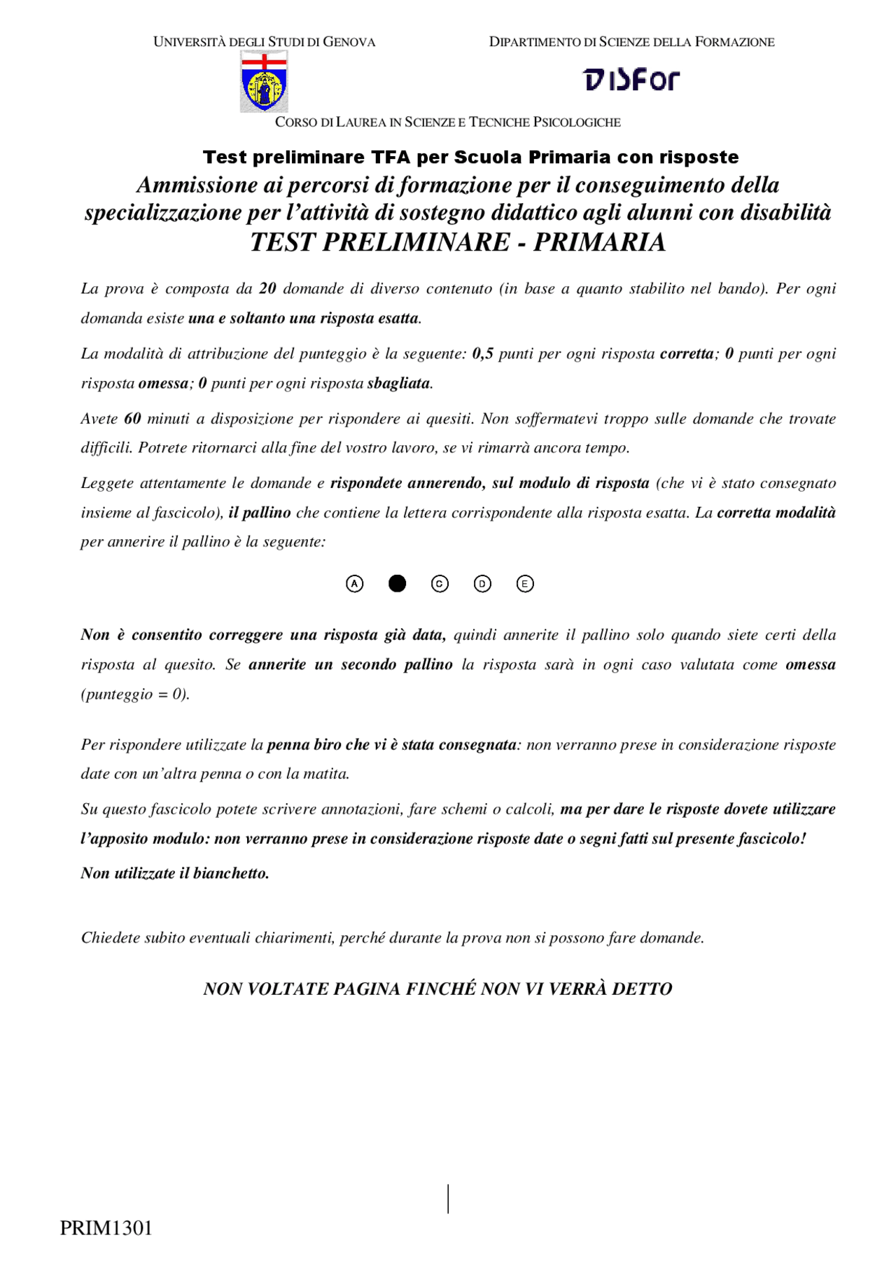 Test Preliminare Tfa Sostegno Per Scuola Primaria Con Risposte Genova
