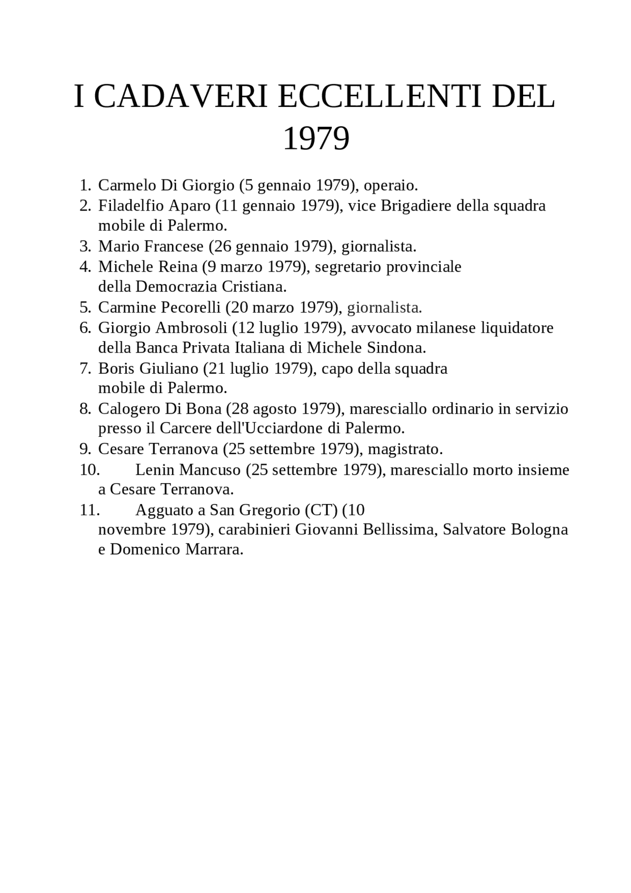 I CADAVERI DI COSA NOSTRA DEL 1979 - Docsity