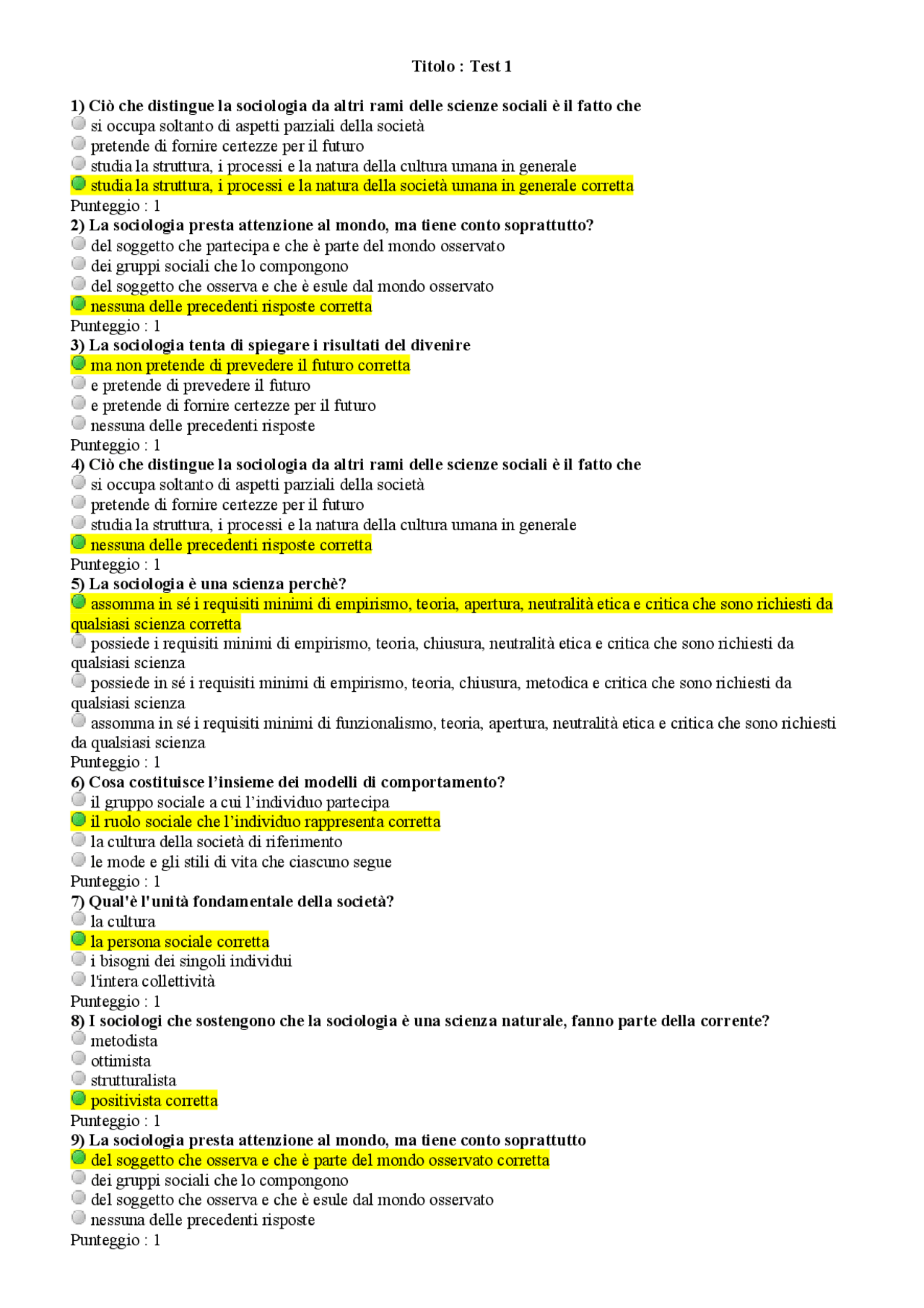 Test Di Sociologia Generale Docsity