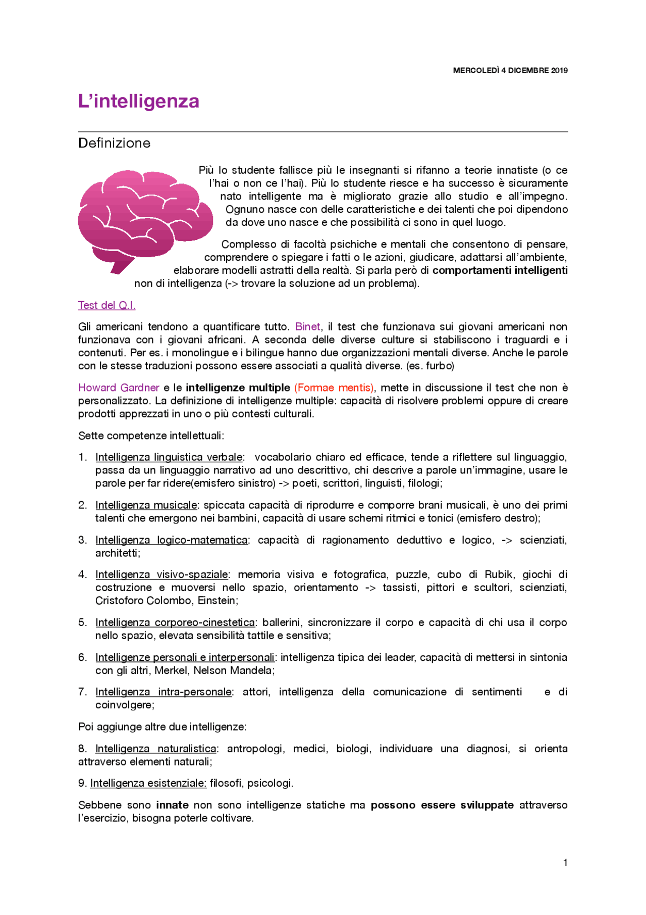 Intelligenza Appunti In Classe Docsity