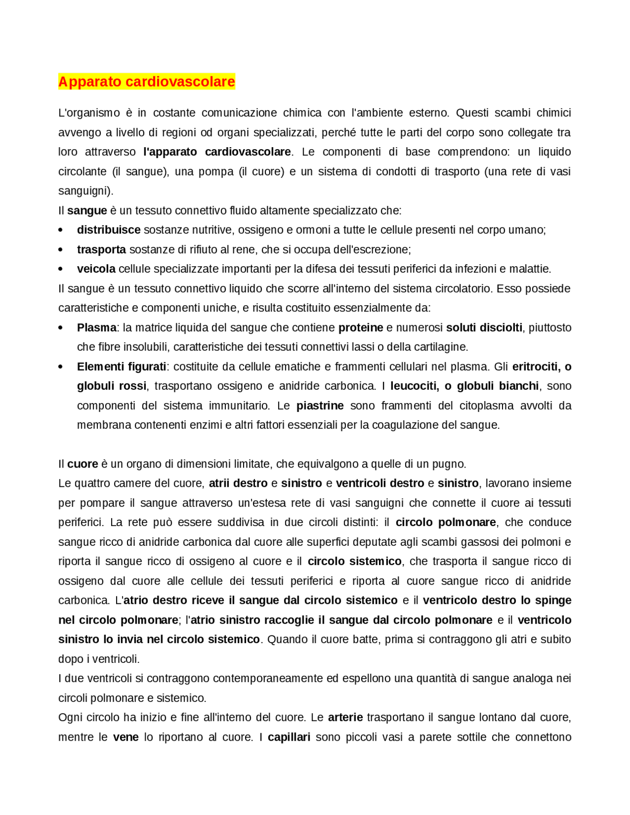 Apparato Cardiocircolatorio Appunti Docsity