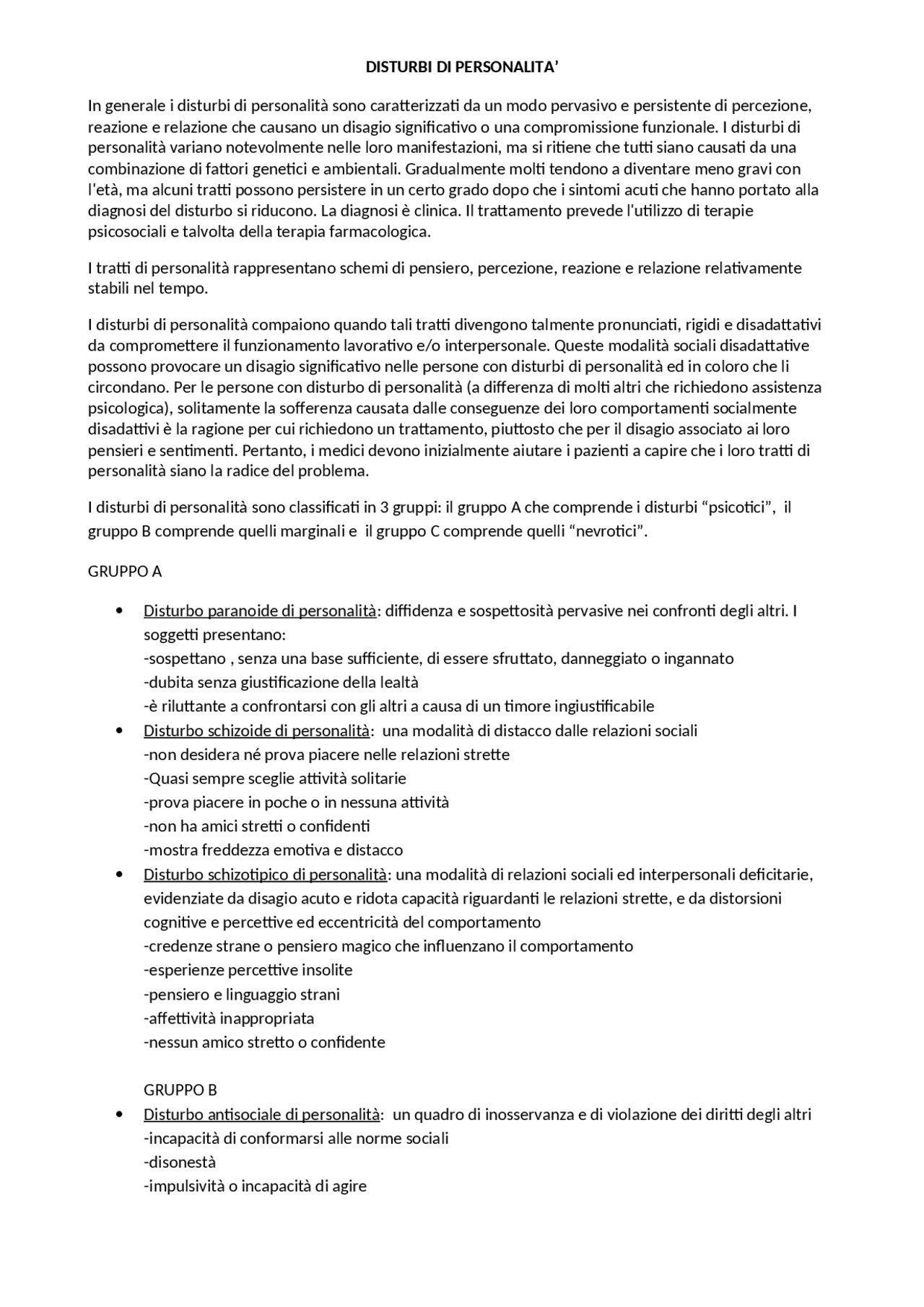 Gestione Infermieristica Dei Principali Disturbi Di Personalità Docsity