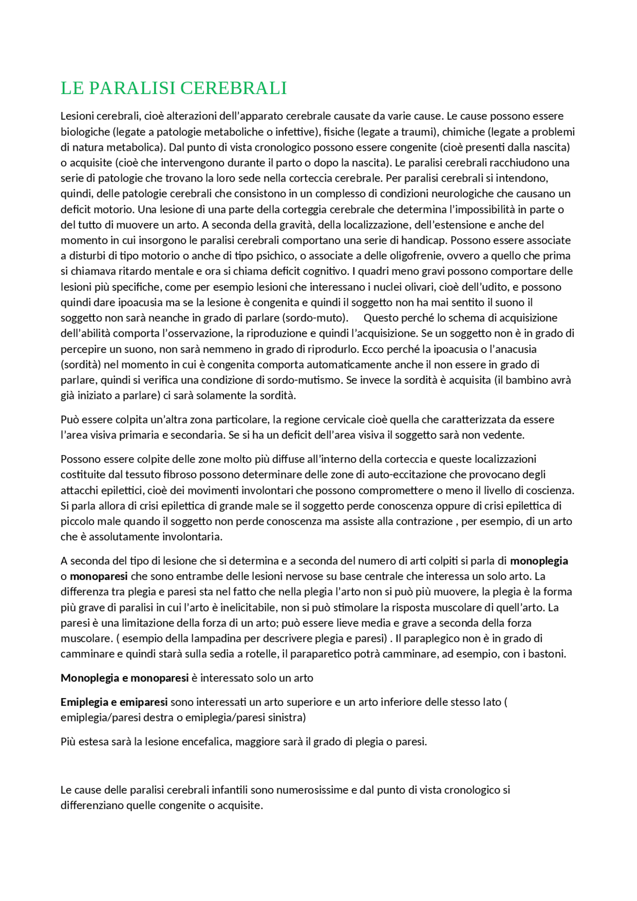 Le Paralisi Cerebrali Docsity