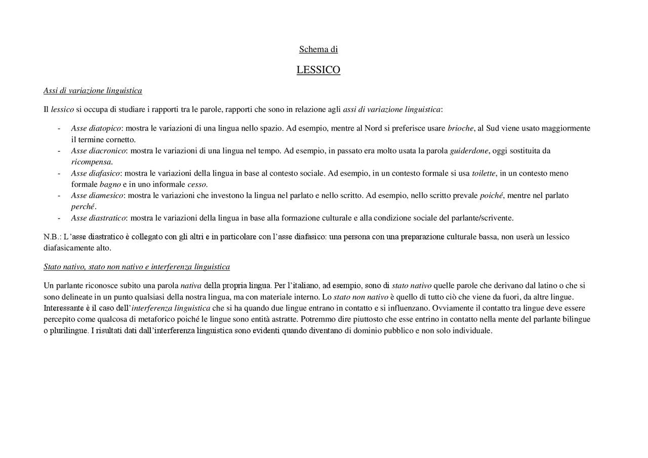 Schema Di Lessico Per Linguistica Docsity