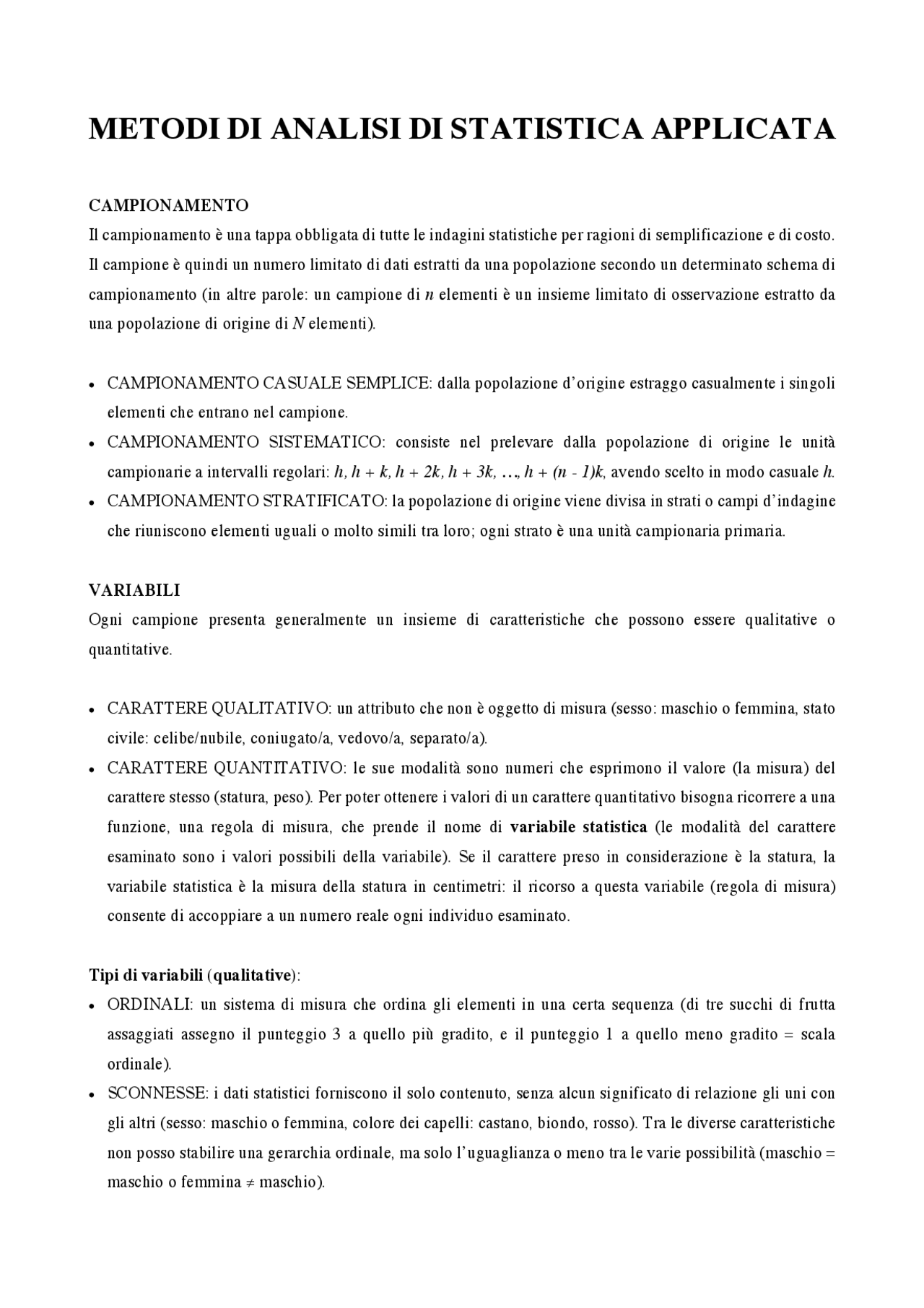 Metodi Di Analisi Statistica Applicata Docsity