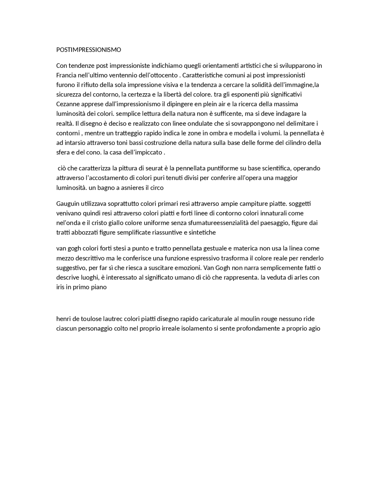 Postimpressionismo Sintesi Docsity