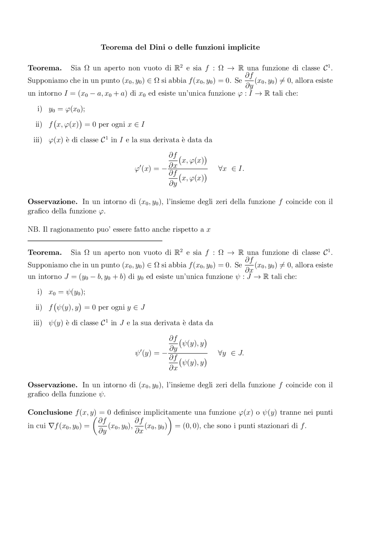 Teorema del Dini- Analisi matematica 2 - Docsity