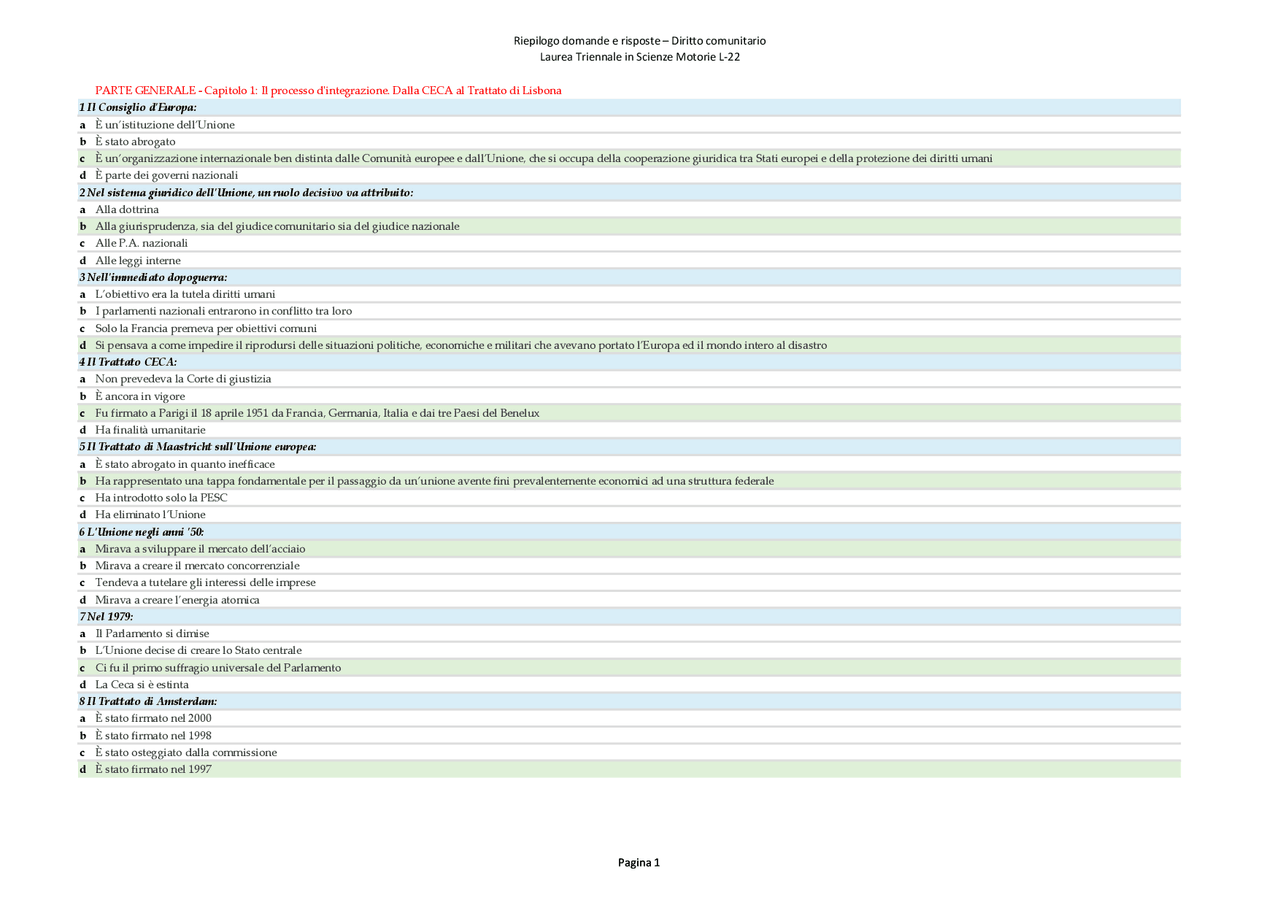Riepilogo domande e risposte Diritto comunitario - Scienze Motorie UniPegaso - Docsity