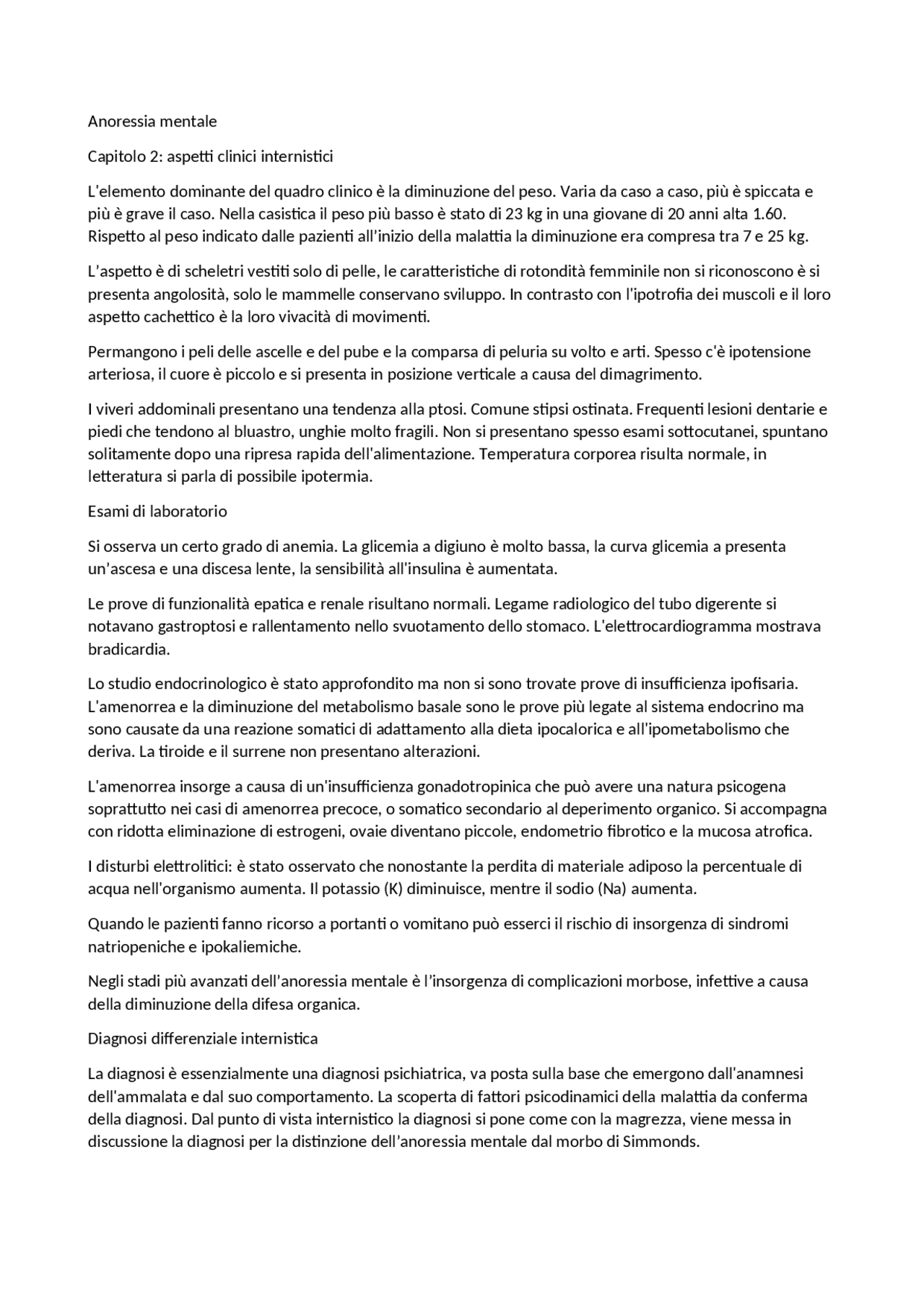 Lanoressia Mentale Riassunto Libro Dal Secondo Capitolo Docsity