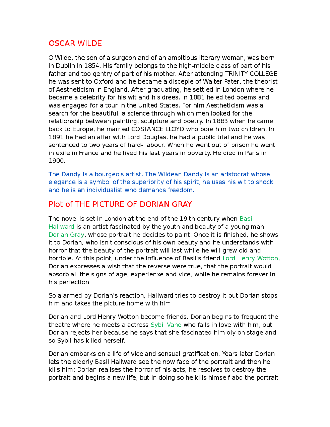 Oscar Wilde E Il Ritratto Di Dorian Grey Docsity