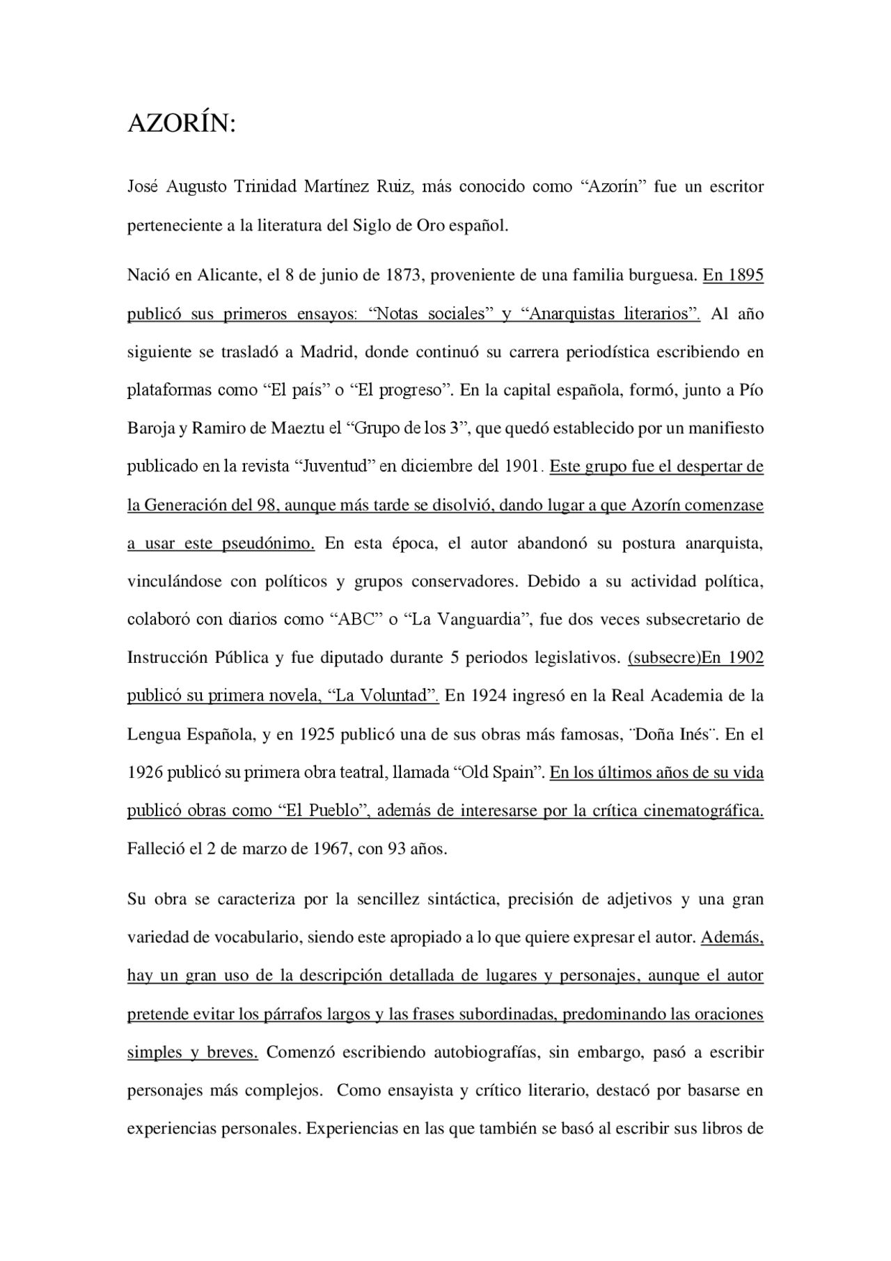 Azorín (vida y obra del famoso escritor español). - Docsity