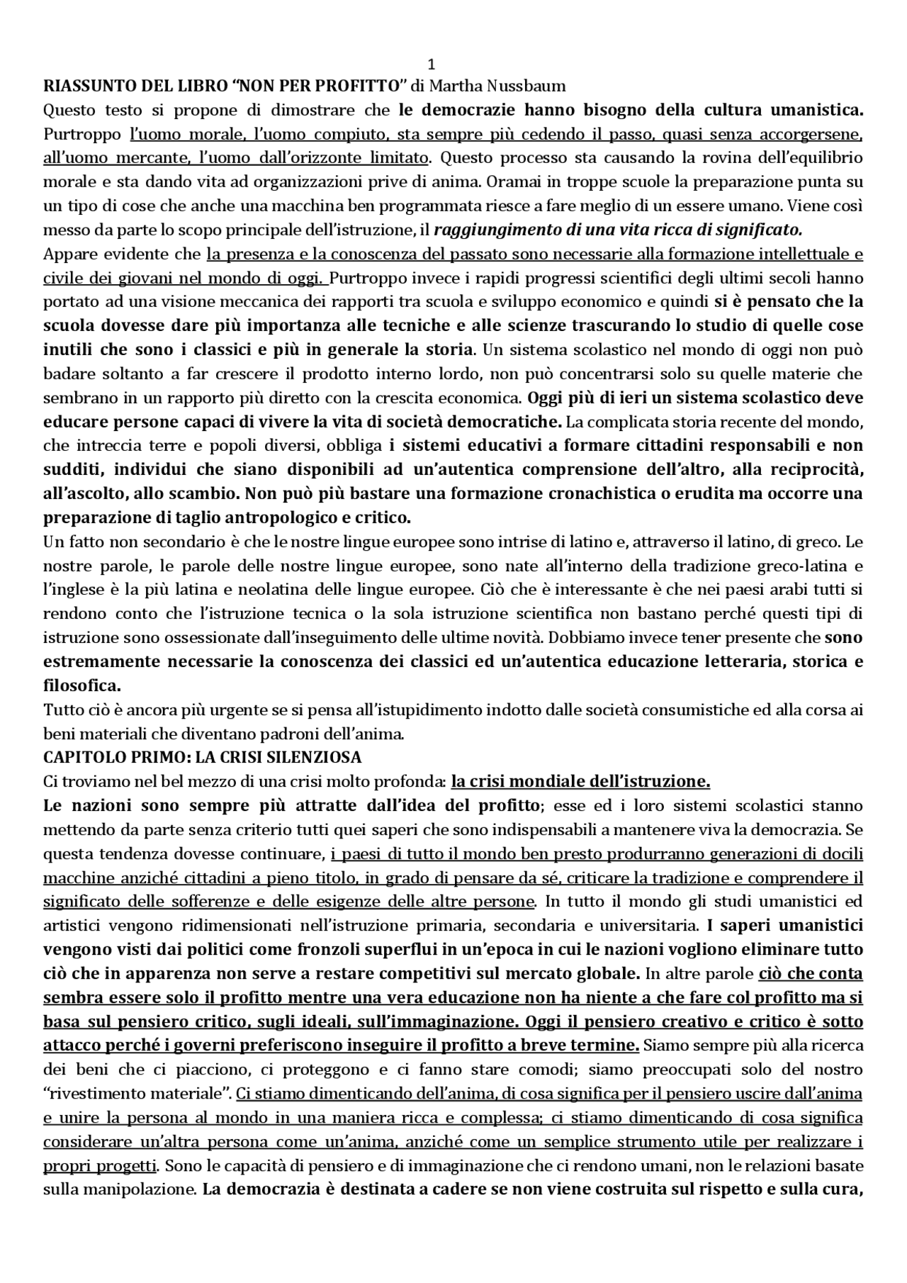 Non Per Profitto Sintesi Nussbaum Docsity