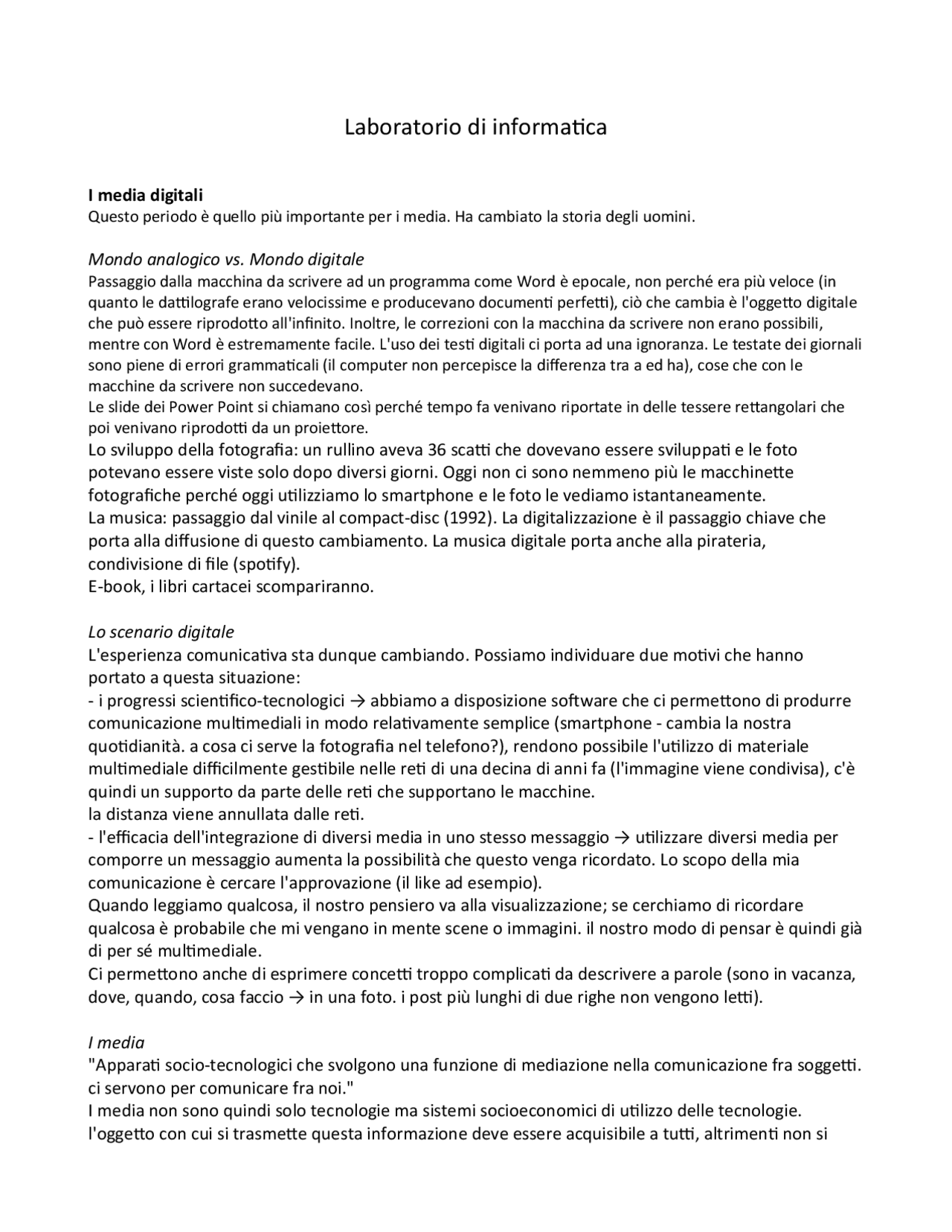 Laboratorio di informatica | Appunti di Elementi di Informatica | Docsity