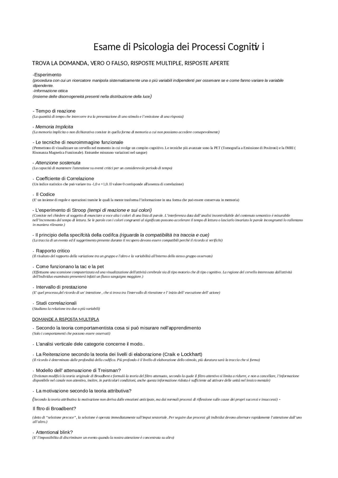 Esame Di Psicologia Dei Processi Cognitivi Docsity