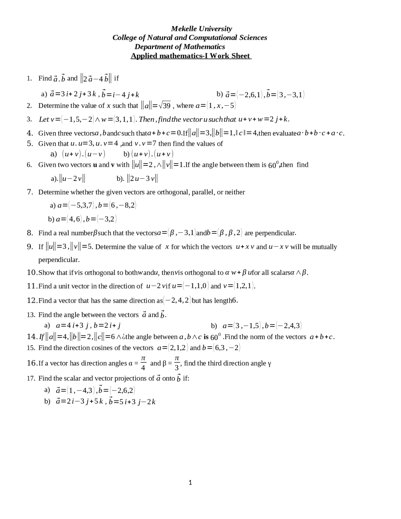 Applied Mathematics Problems: Vector Operations and Linear Algebra ...