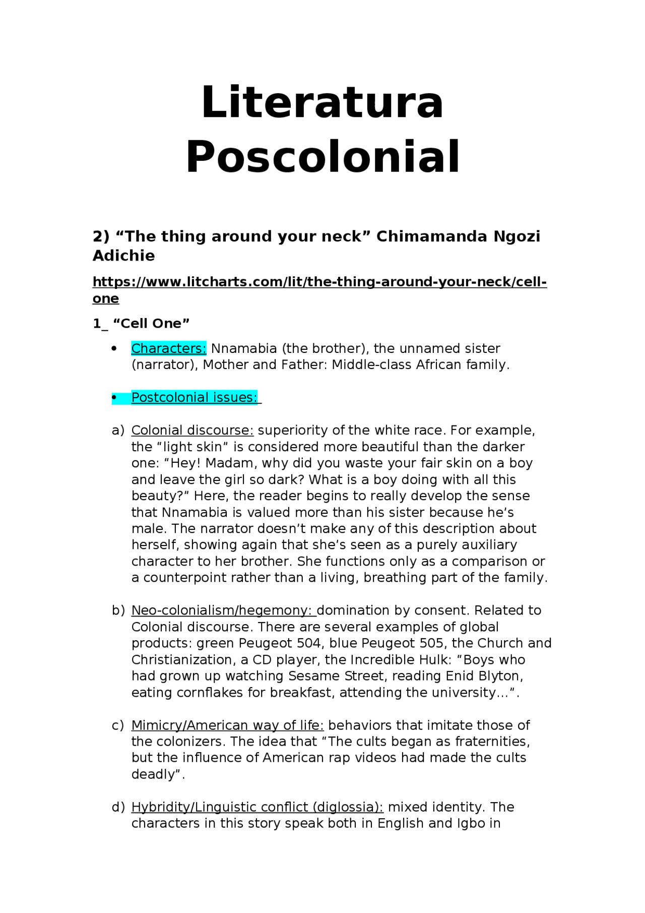 Literatura Poscolonial - Chimamanda Ngozi Adichie conceptos - Docsity