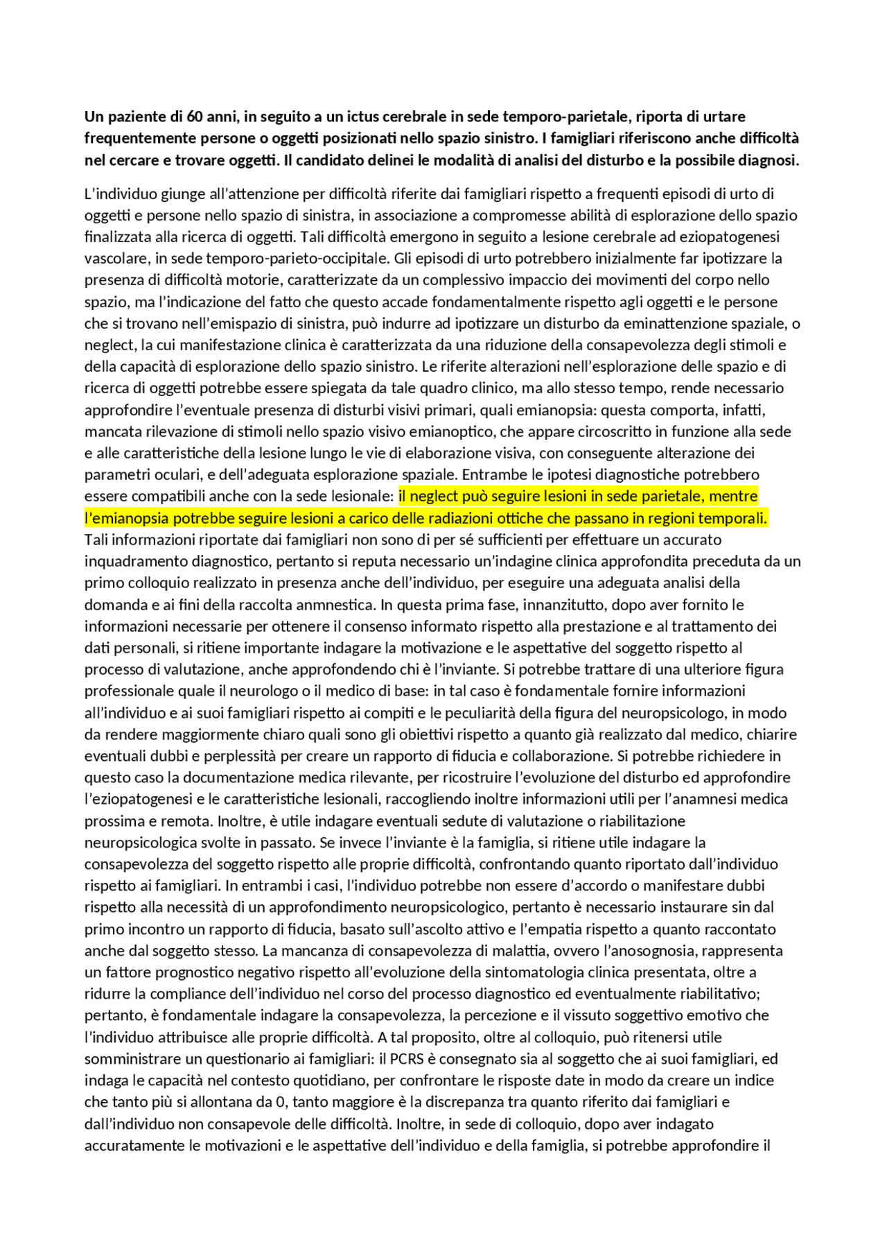 Tracce terza prova EDS Psicologo neuropsicologia - Docsity