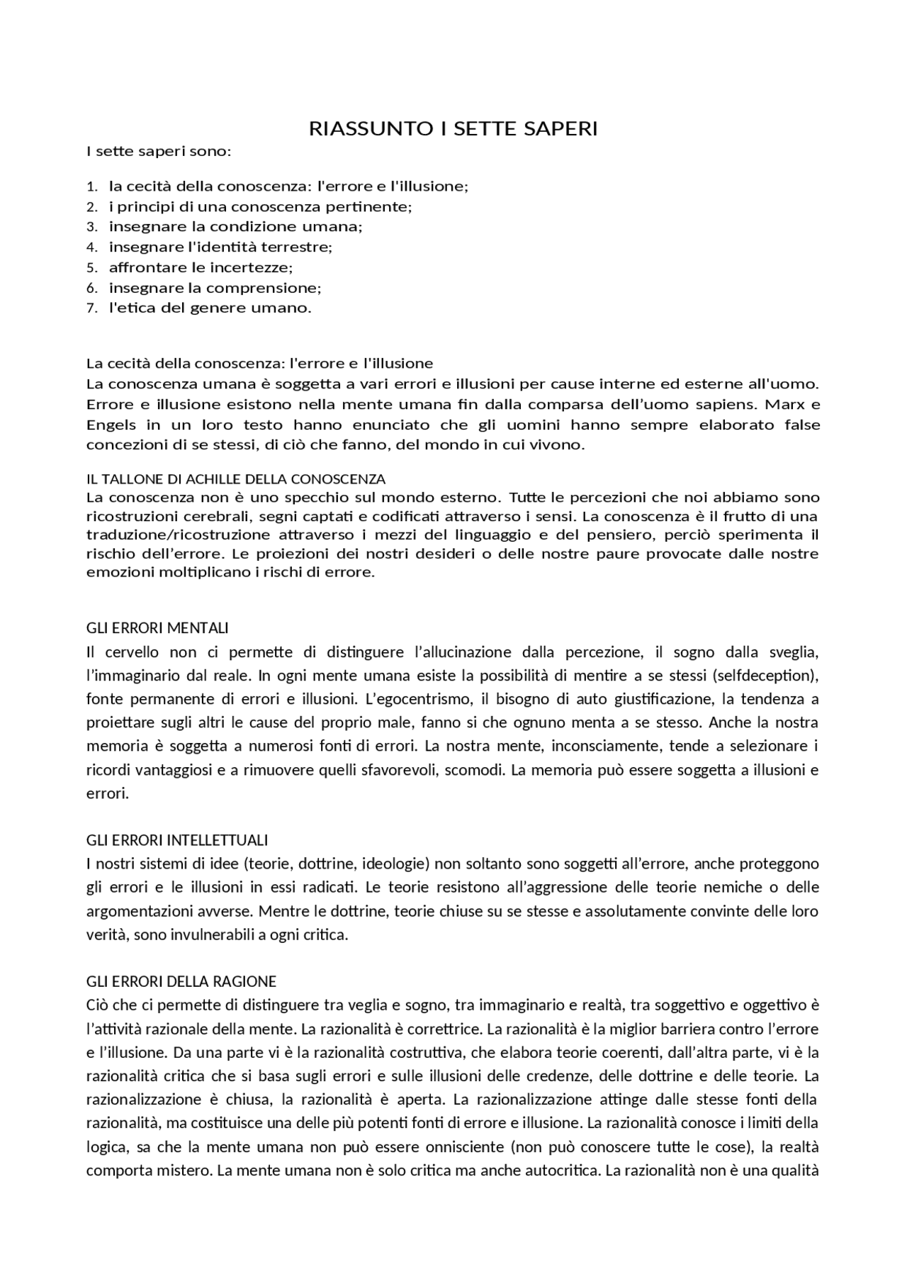 Riassunto I Sette Saperi Docsity