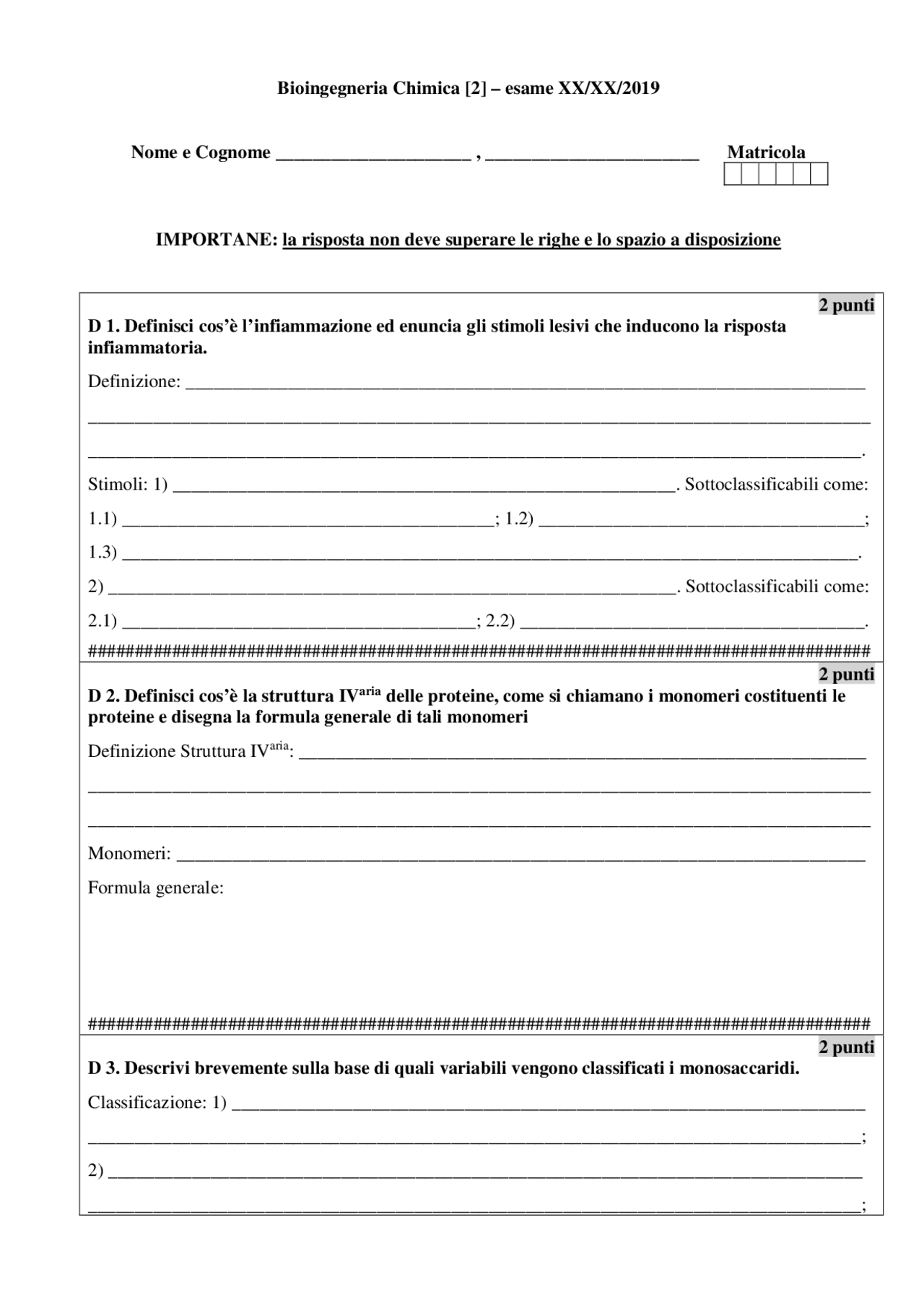 Prova Di Esame Della Seconda Parte Del Corso Di Bioingegneria Chimica