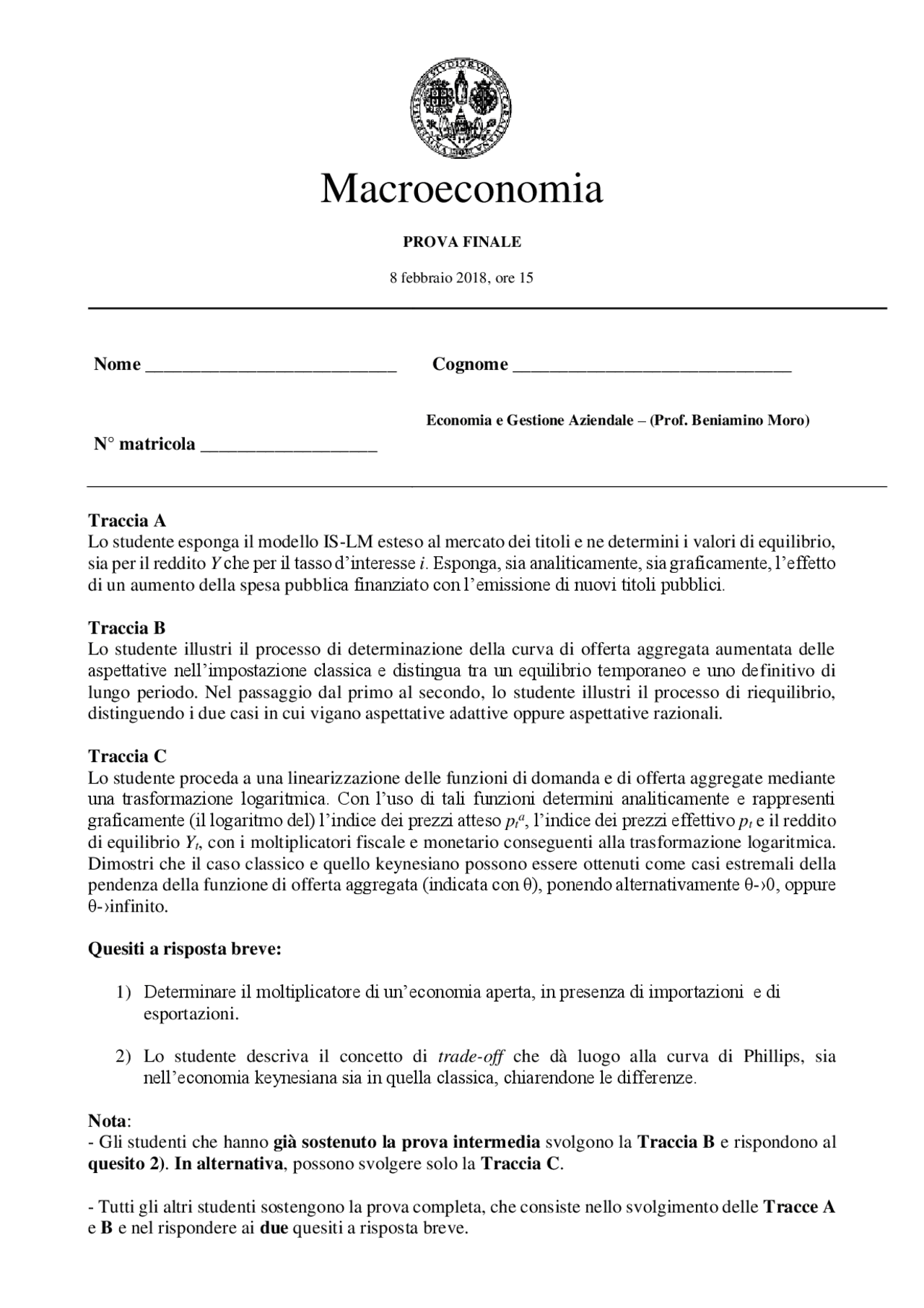 Esame Macroeconomia Recente Esercizi Di Macroeconomia Docsity