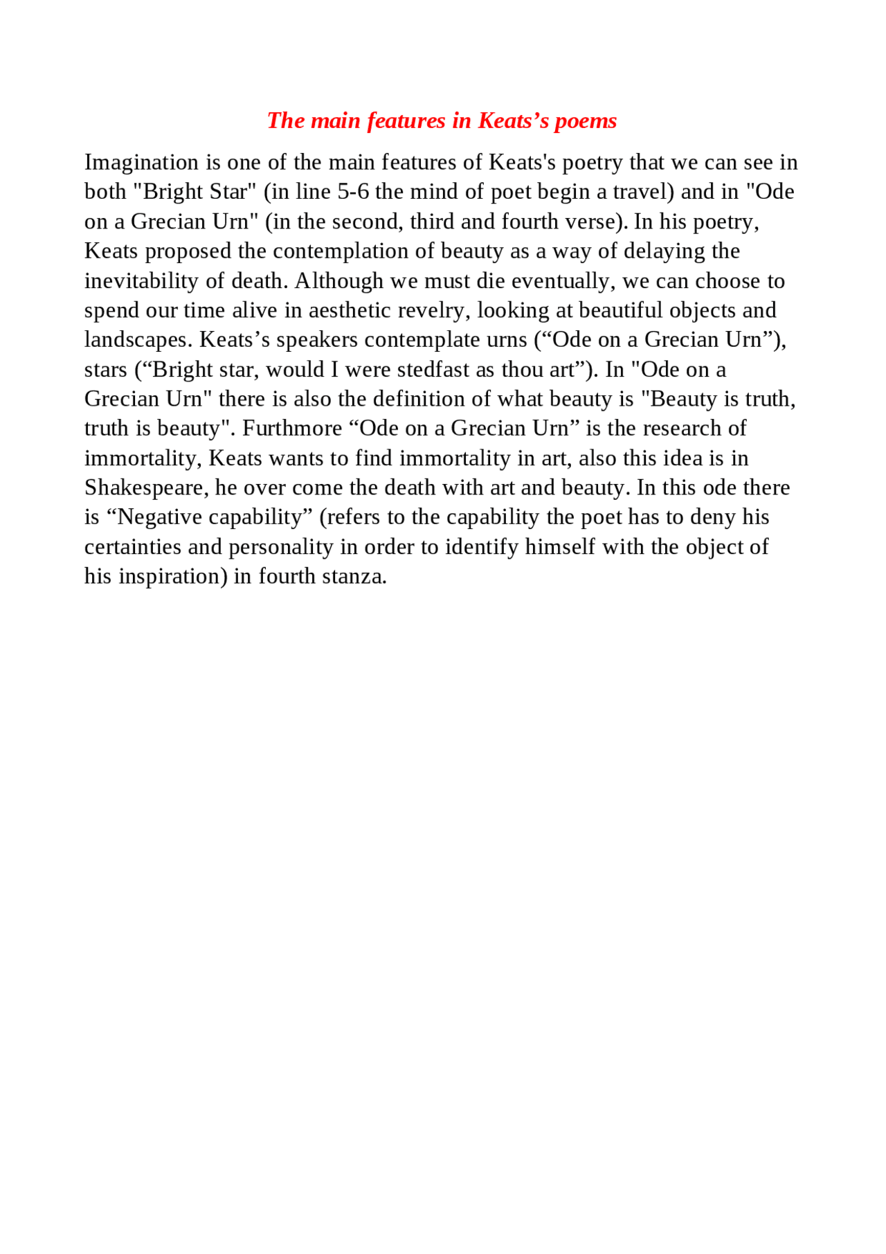 The Main Features In Keats Docsity