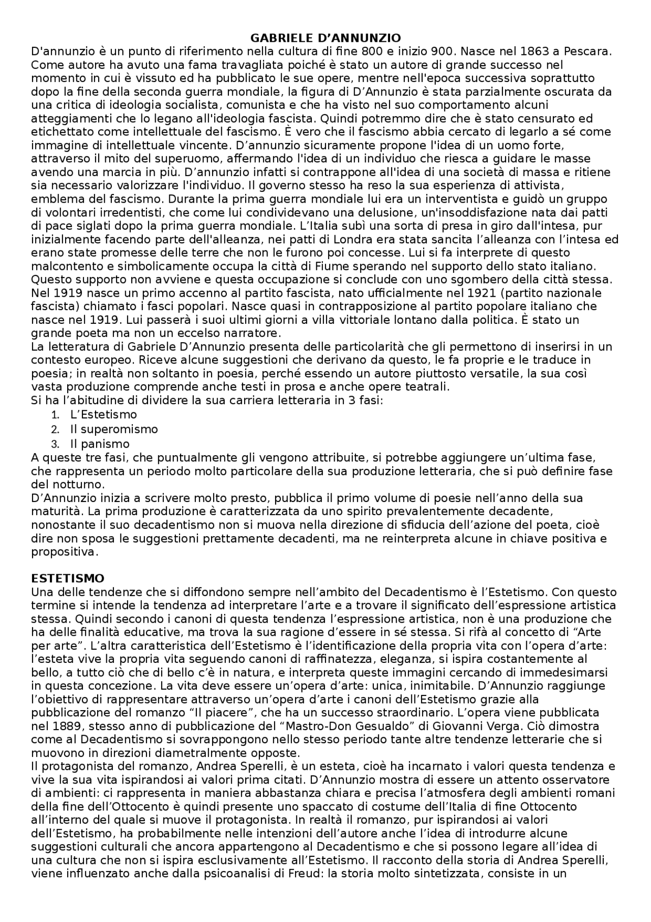 Gabriele D'annunzio e il superomismo - Docsity