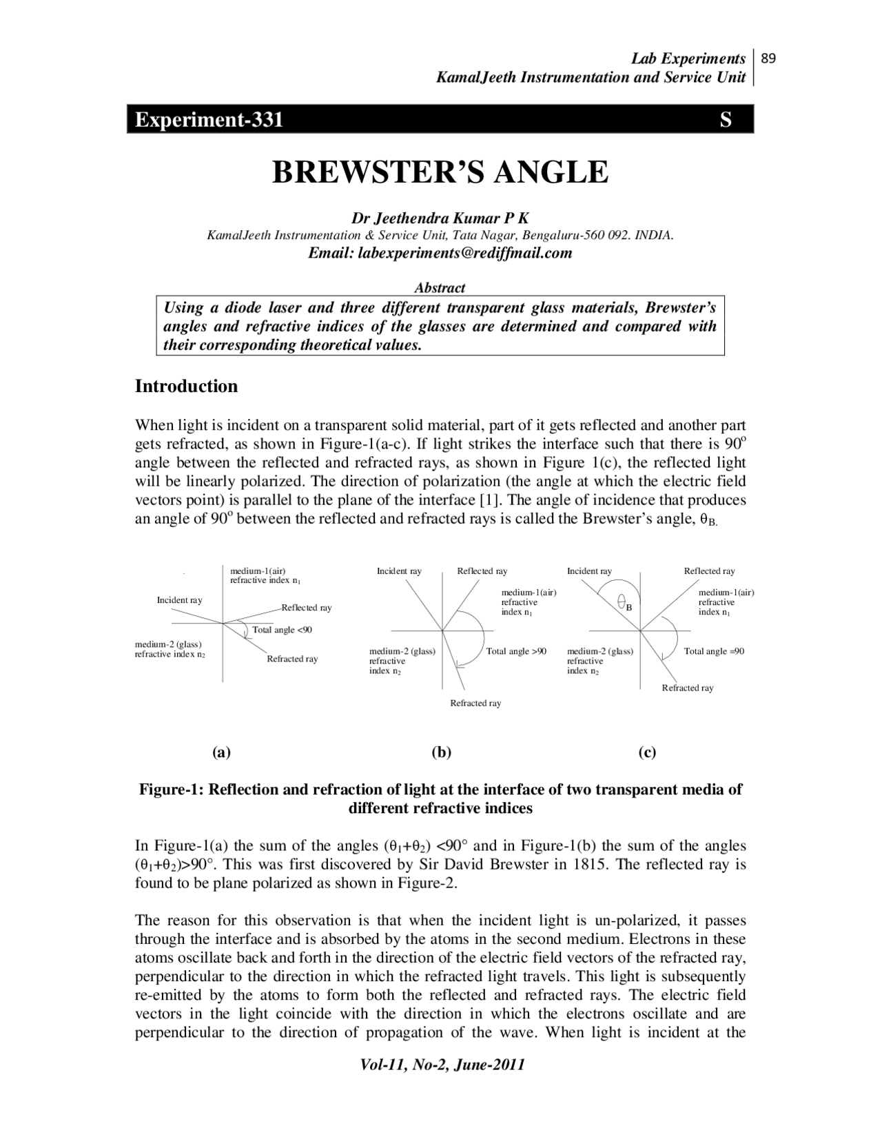 Brewster's angle experiment | Study notes Physics | Docsity