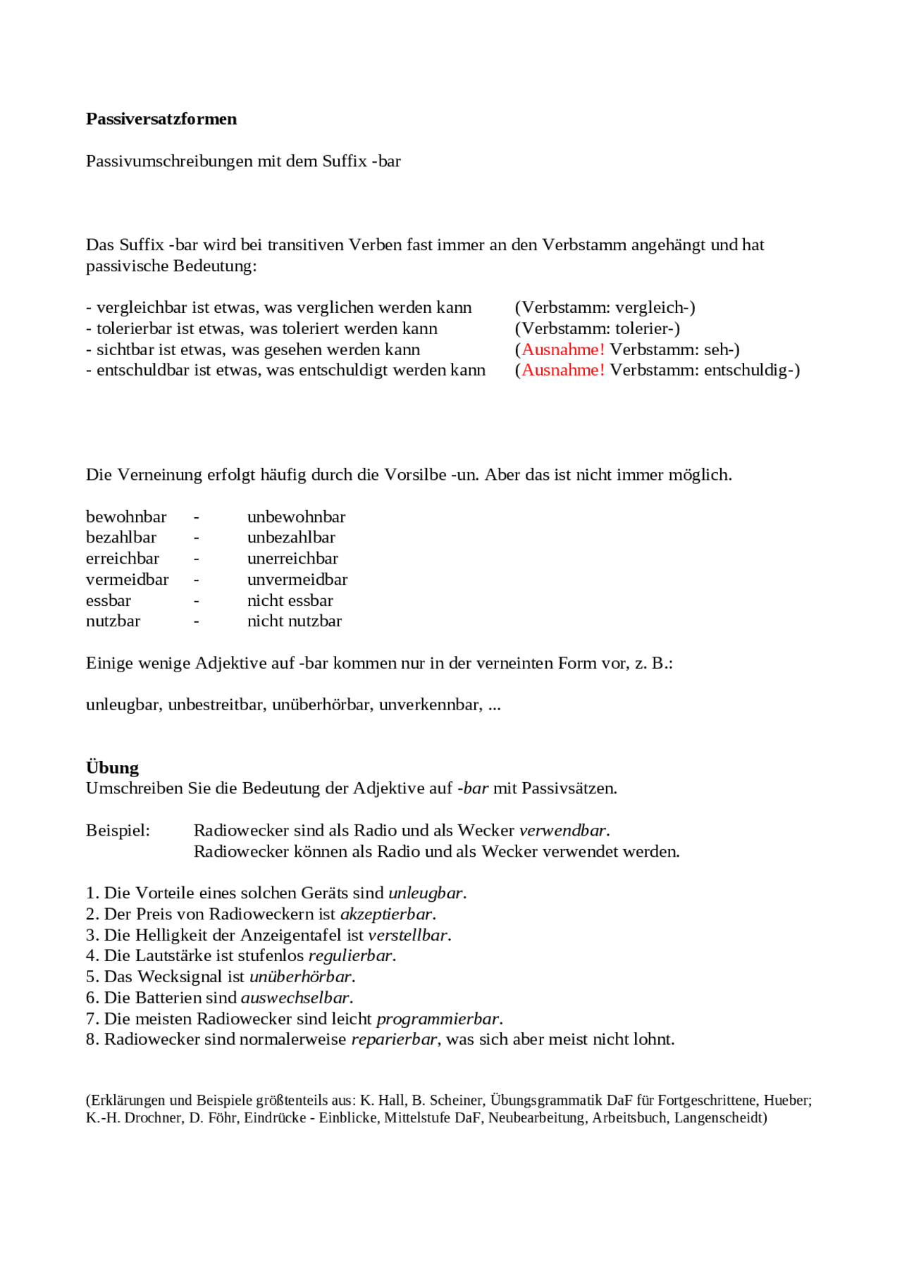 Passiversatz con -bar , esercizi - Docsity